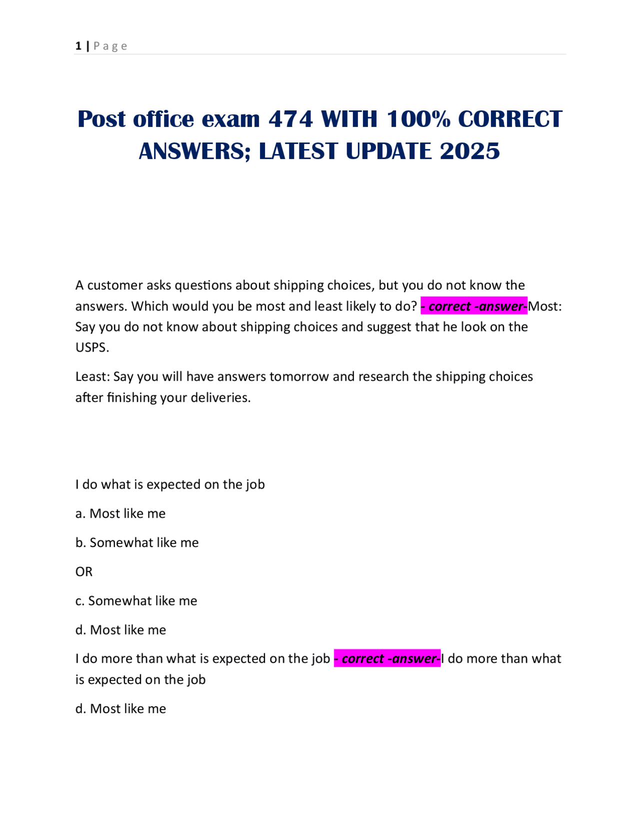 POST OFFICE EXAM 474 WITH 100% CORRECT ANSWERS; LATEST UPDATE 2025 ...