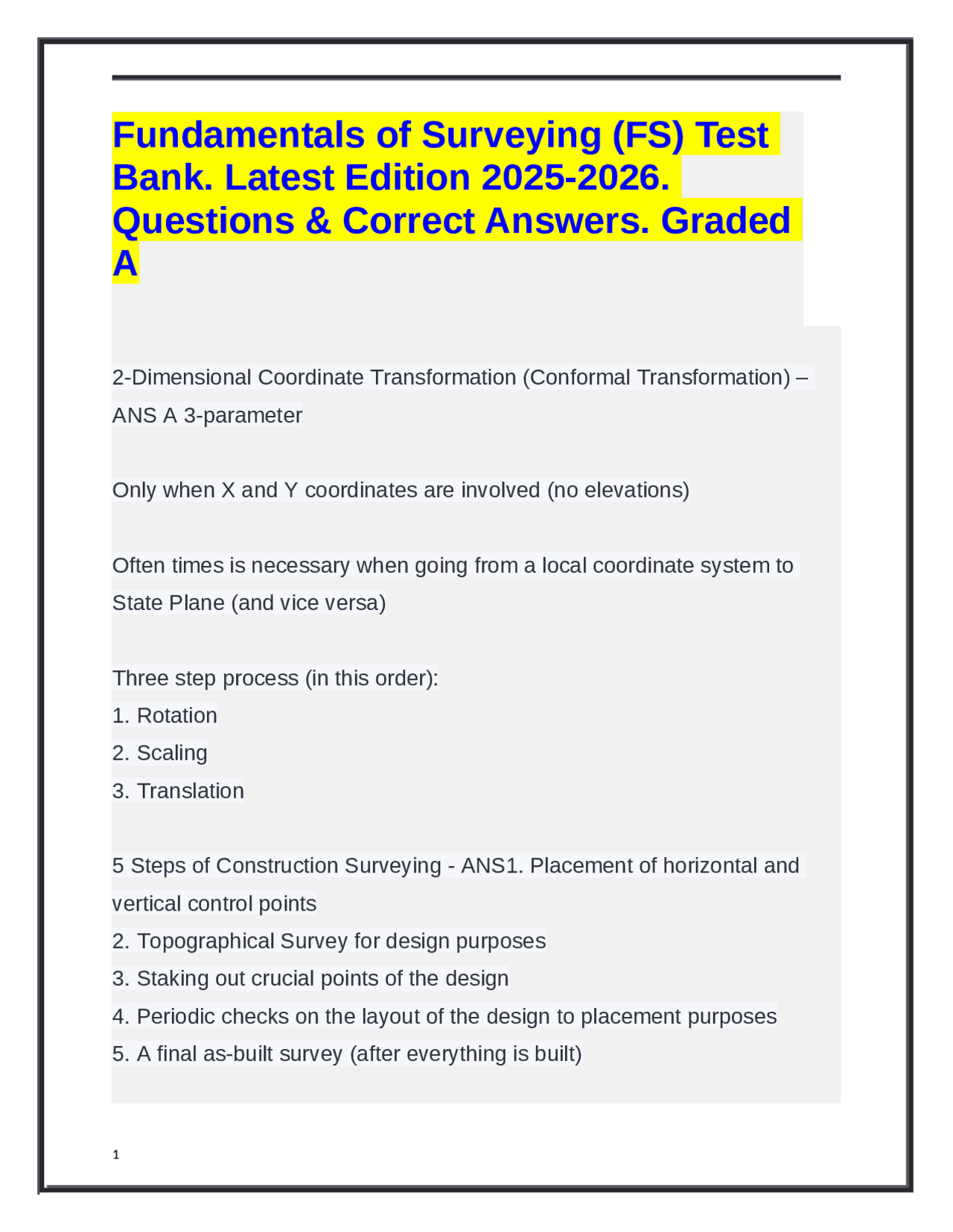 Fundamentals of Surveying (FS) Test Bank. Latest Edition 2025-2026 ...
