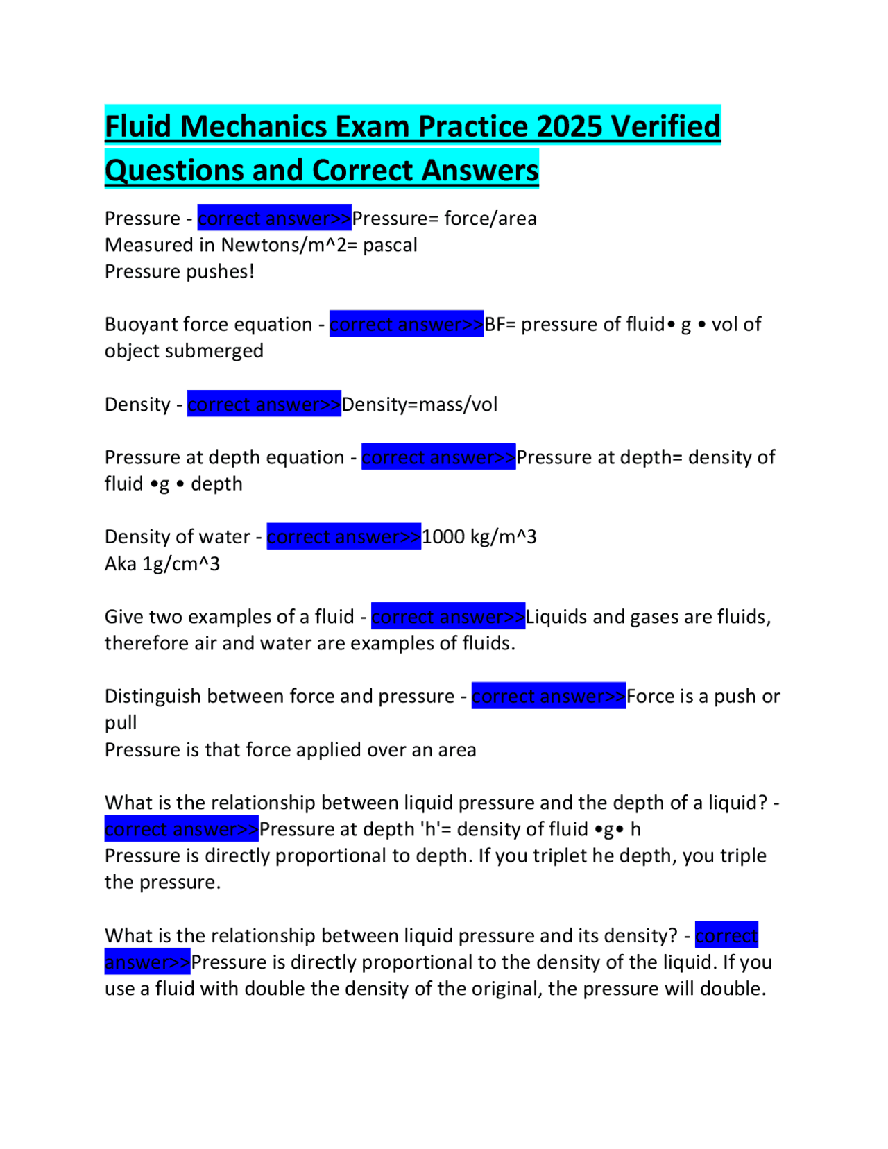 Fluid Mechanics Exam Practice 2025 Verified Questions and Correct Answers | Exams Fluid ...