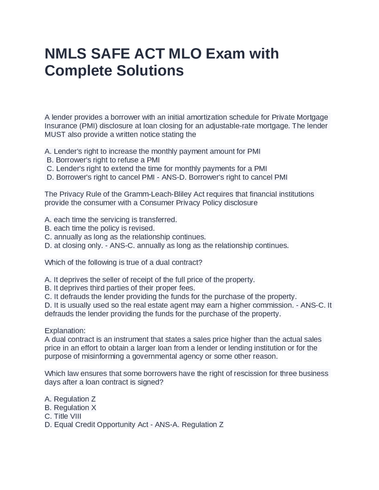 NMLS SAFE ACT MLO Exam with Complete Solutions | Exams Advanced ...