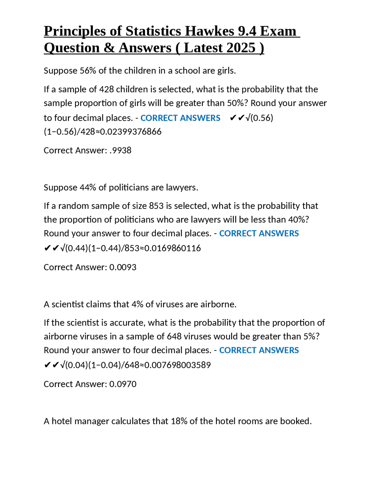 Principles of Statistics Hawkes 9.4 Exam Question & Answers ( Latest ...