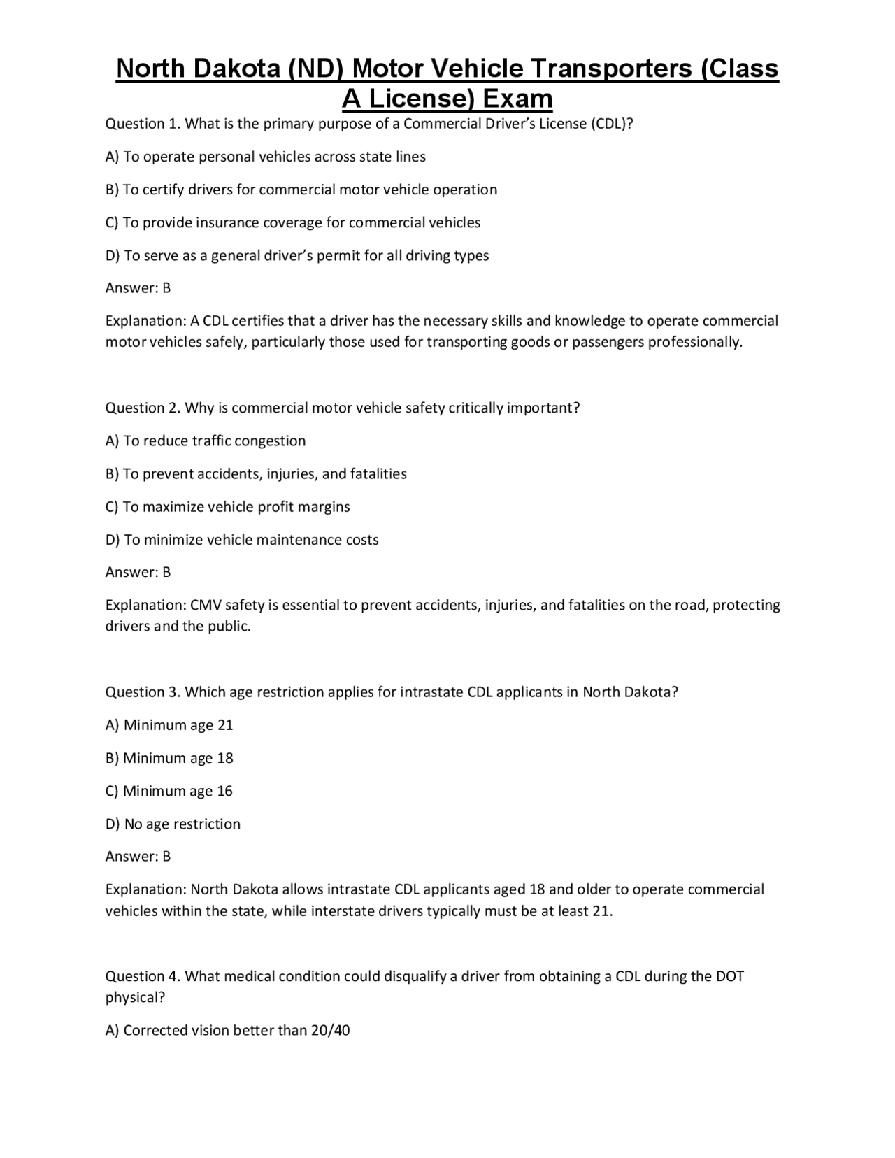 North Dakota (ND) Motor Vehicle Transporters (Class A License) Exam ...