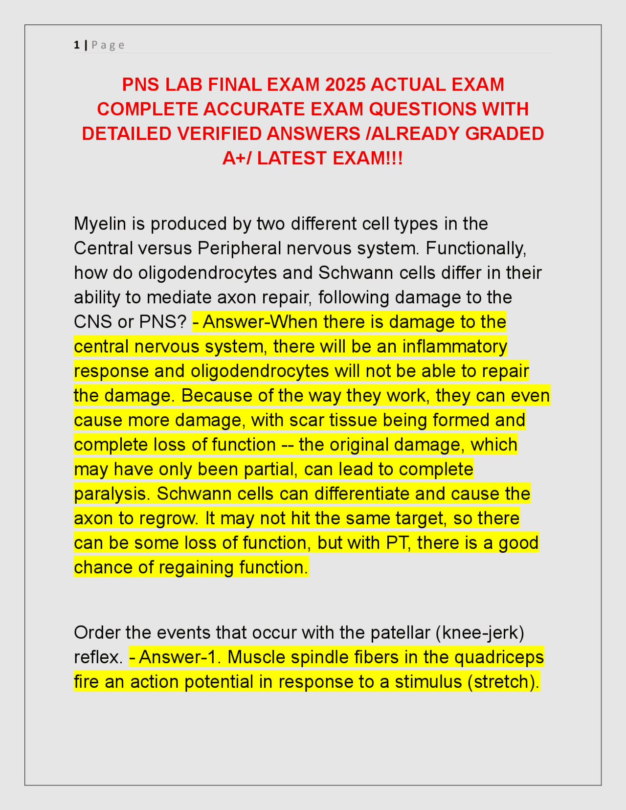 PNS LAB FINAL EXAM 2025 ACTUAL EXAM COMPLETE ACCURATE EXAM QUESTIONS ...