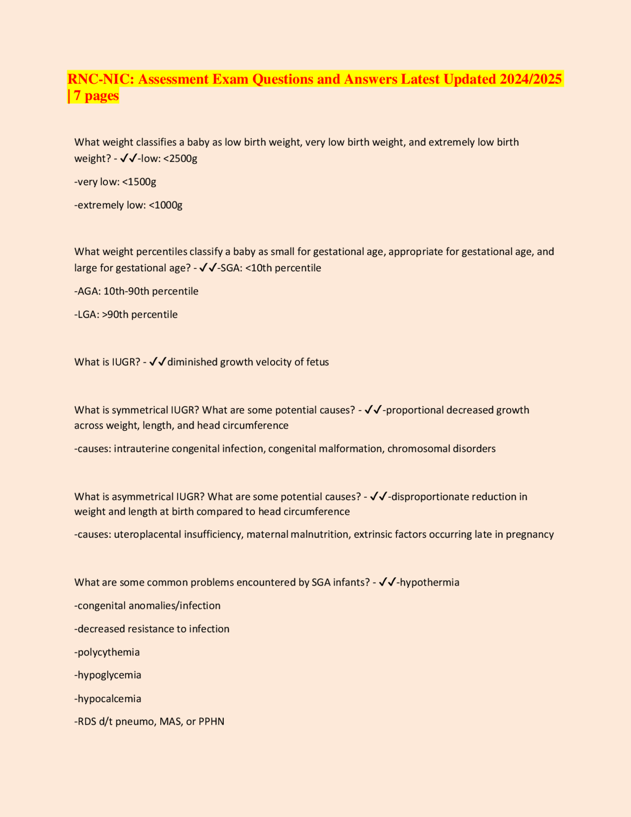 RNC-NIC: Assessment Exam Questions and Answers Latest Updated 2024/2025 ...