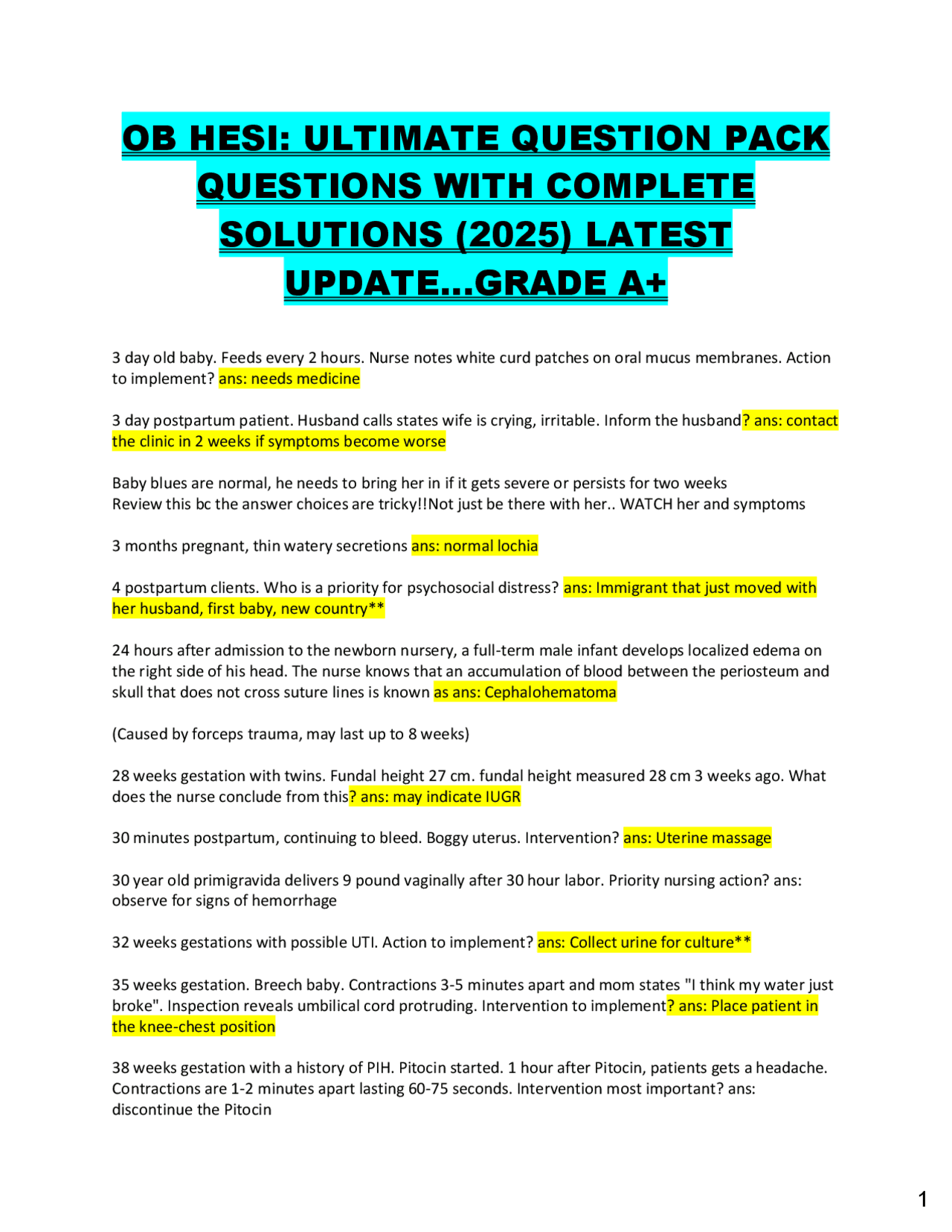 OB HESI: ULTIMATE QUESTION PACK QUESTIONS WITH COMPLETE SOLUTIONS (2025 ...