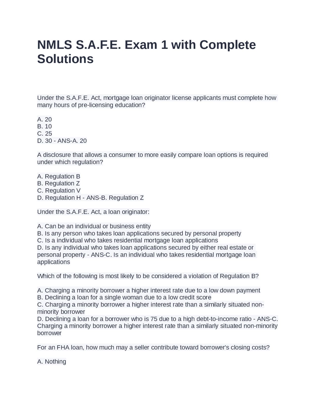 NMLS S.A.F.E. Exam 1 with Complete Solutions | Exams Advanced Education ...