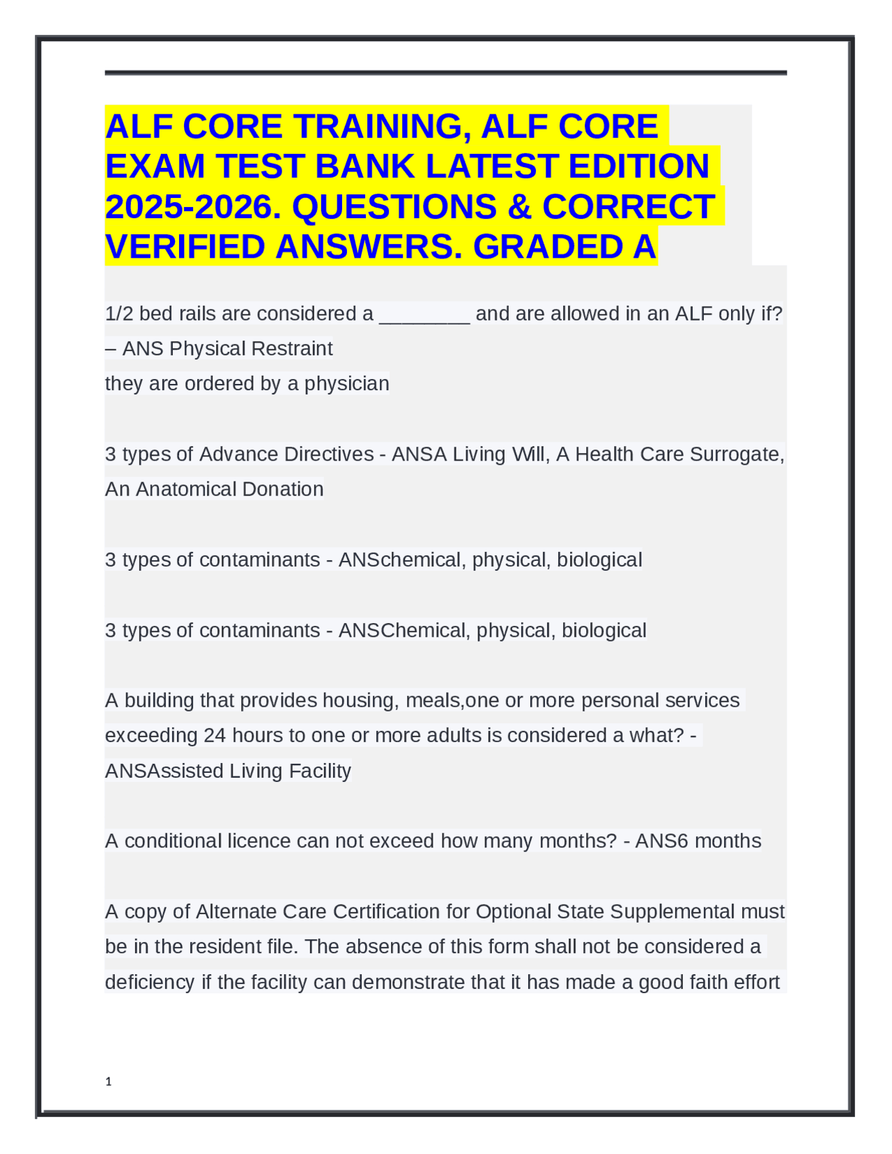 ALF CORE TRAINING, ALF CORE EXAM TEST BANK LATEST EDITION 2025-2026 ...