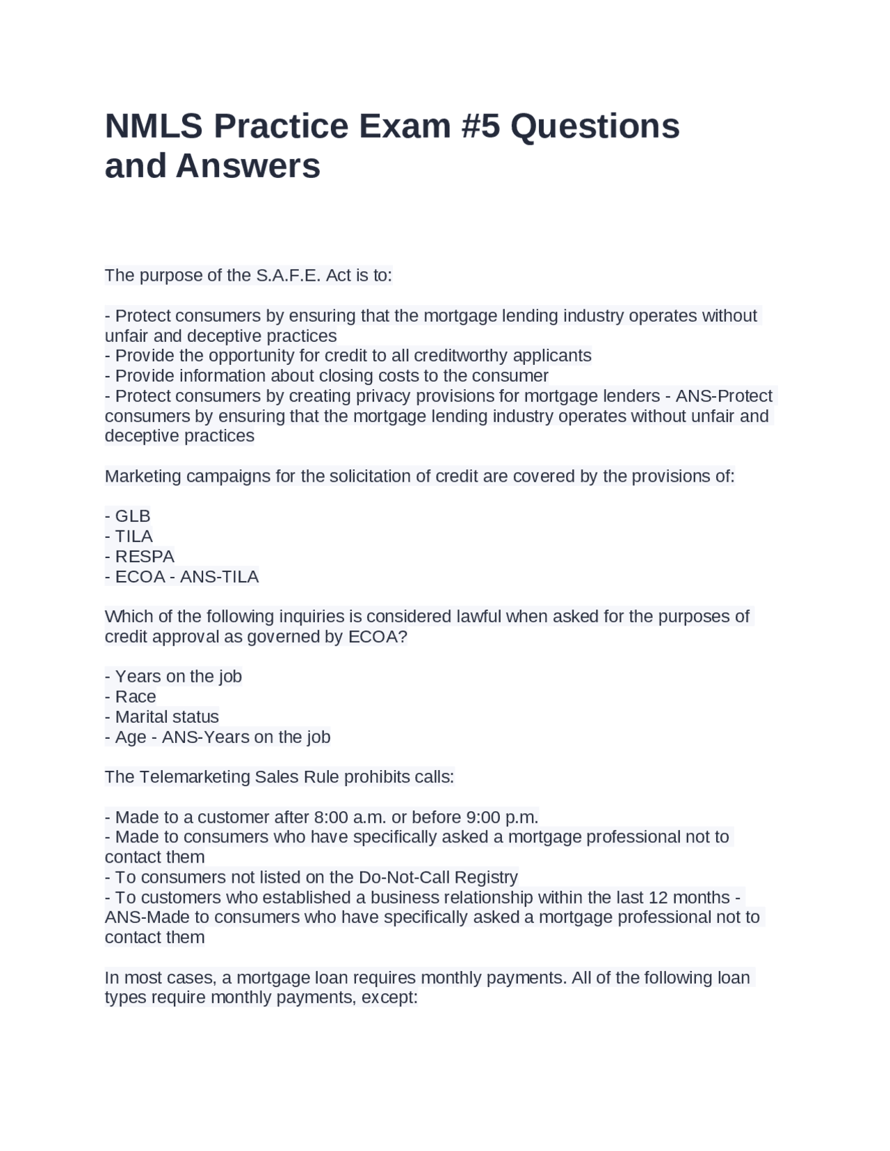 NMLS Practice Exam #5 Questions and Answers | Exams Advanced Education ...