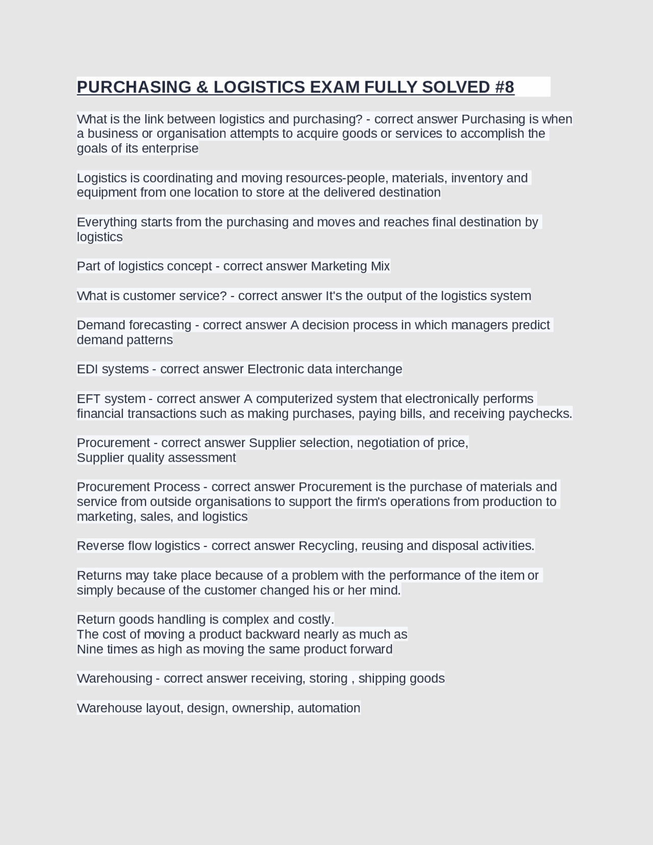 Purchasing and Logistics Exam: Solved Questions and Answers - Prof ...