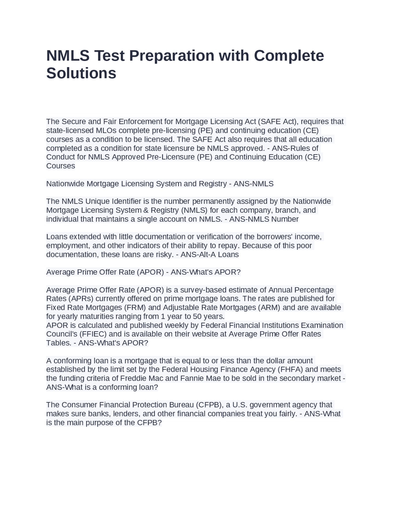 NMLS Test Preparation with Complete Solutions | Exams Advanced ...