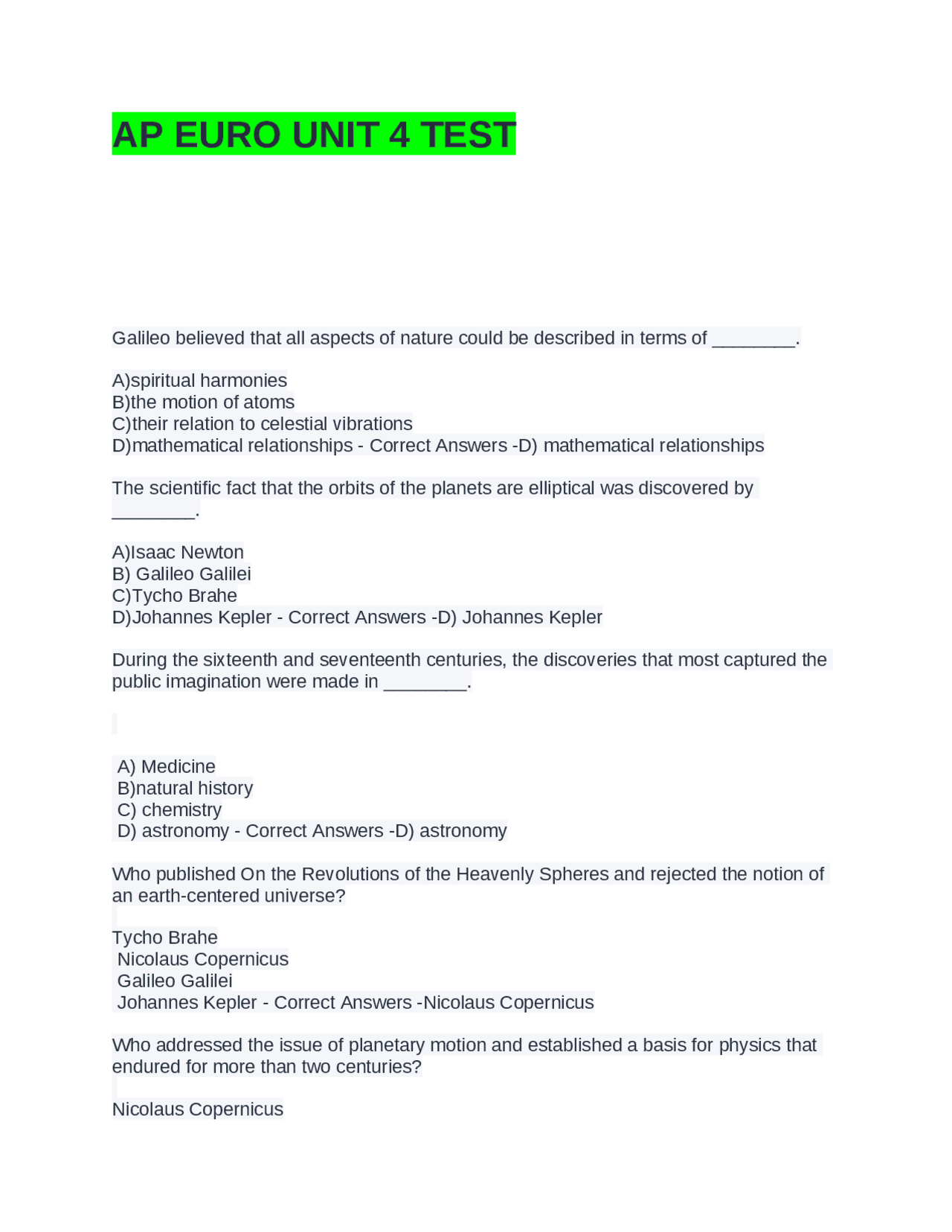 AP EURO UNIT 4 TEST QUESTIONS AND ANSWERS | GRADED A | Exams Advanced ...