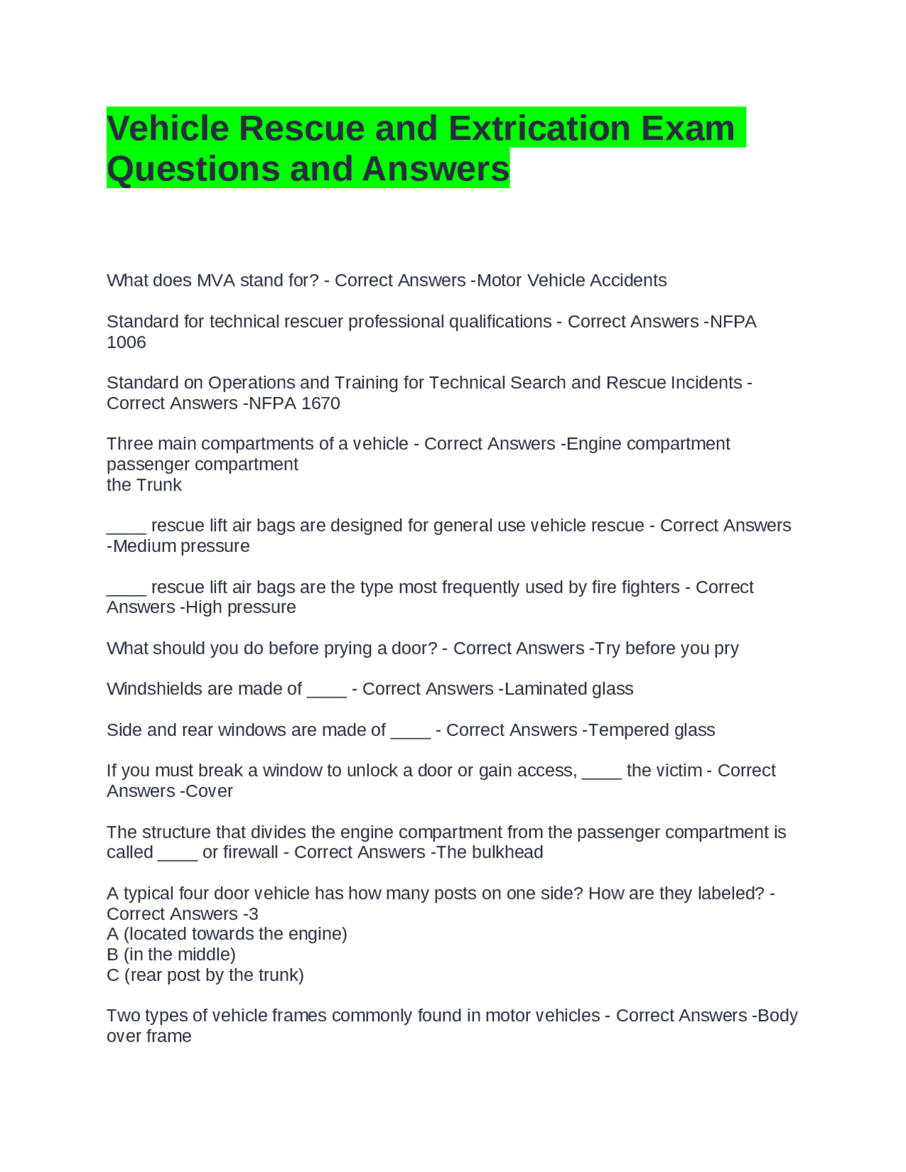 Vehicle Rescue and Extrication Exam Questions and Answers | Exams ...