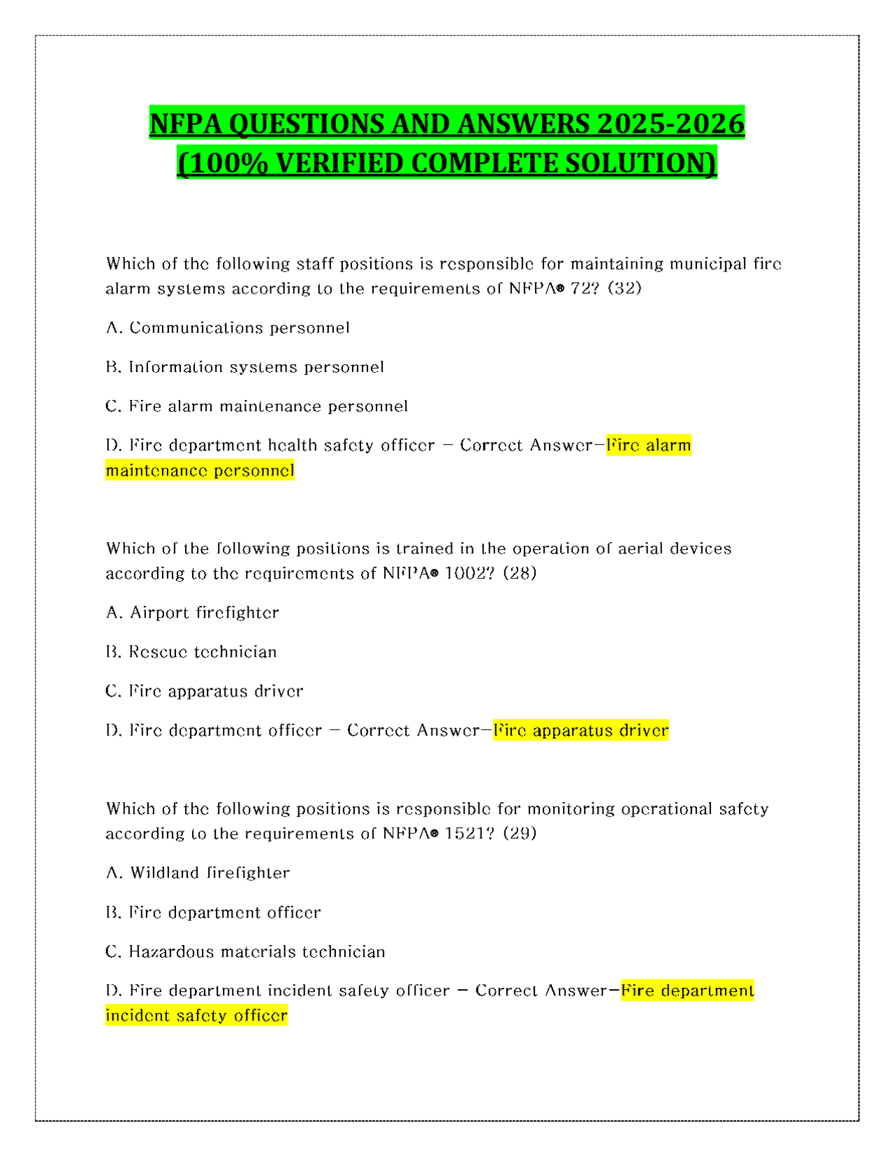 NFPA QUESTIONS AND ANSWERS 2025-2026 (100% VERIFIED COMPLETE SOLUTION) | Exams Safety and Fire ...