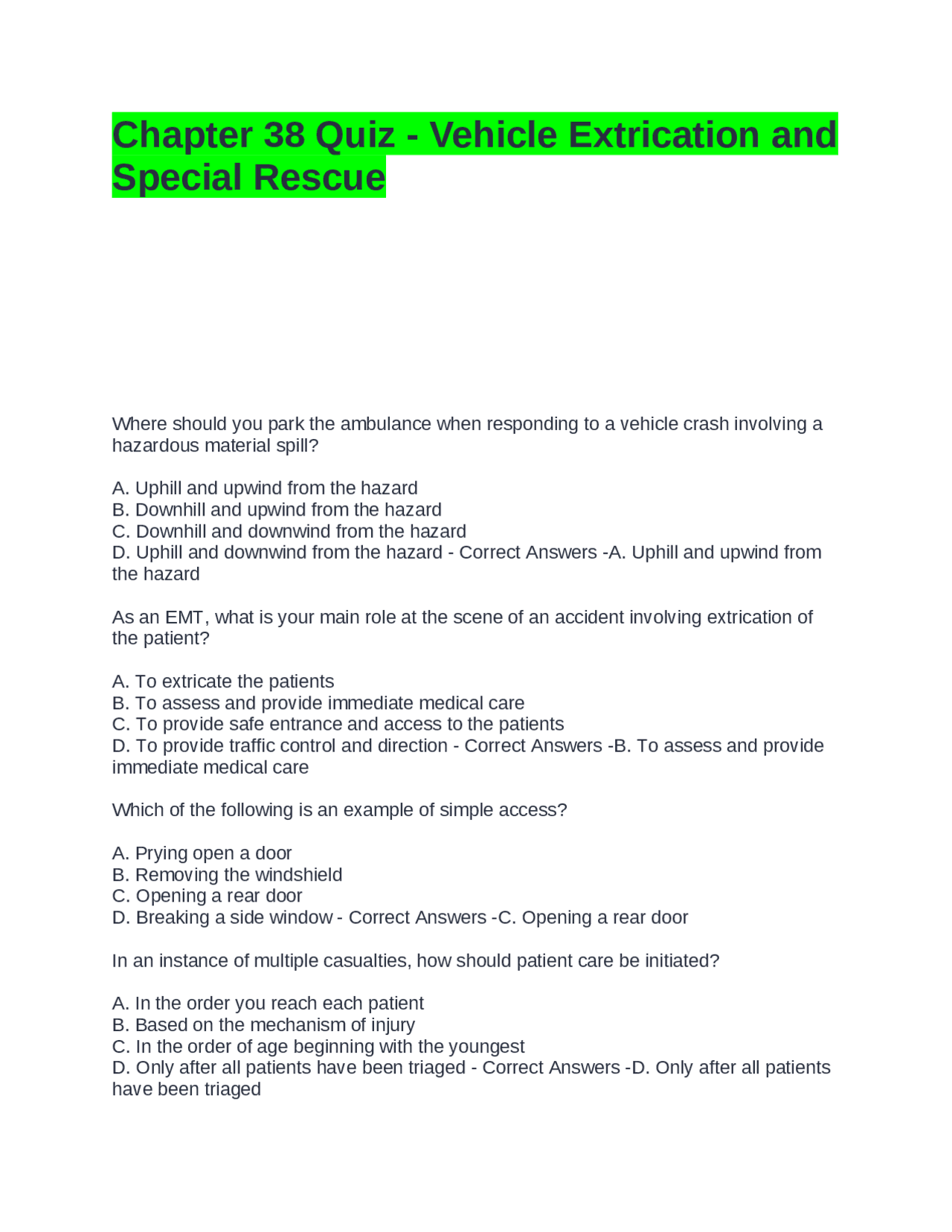 Chapter 38 Quiz - Vehicle Extrication and Special Rescue Questions with ...