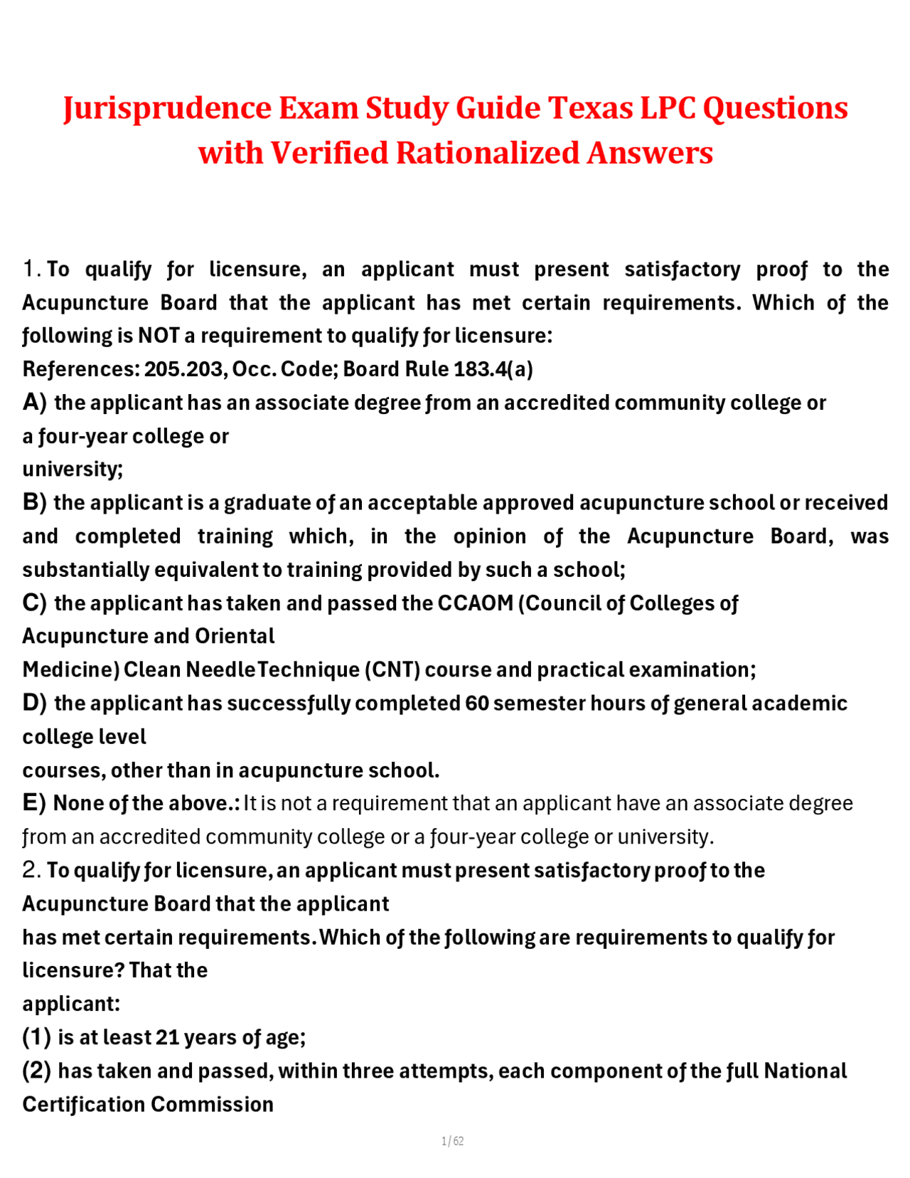 Jurisprudence Exam Study Texas LPC Questions with Verified Rationalized ...