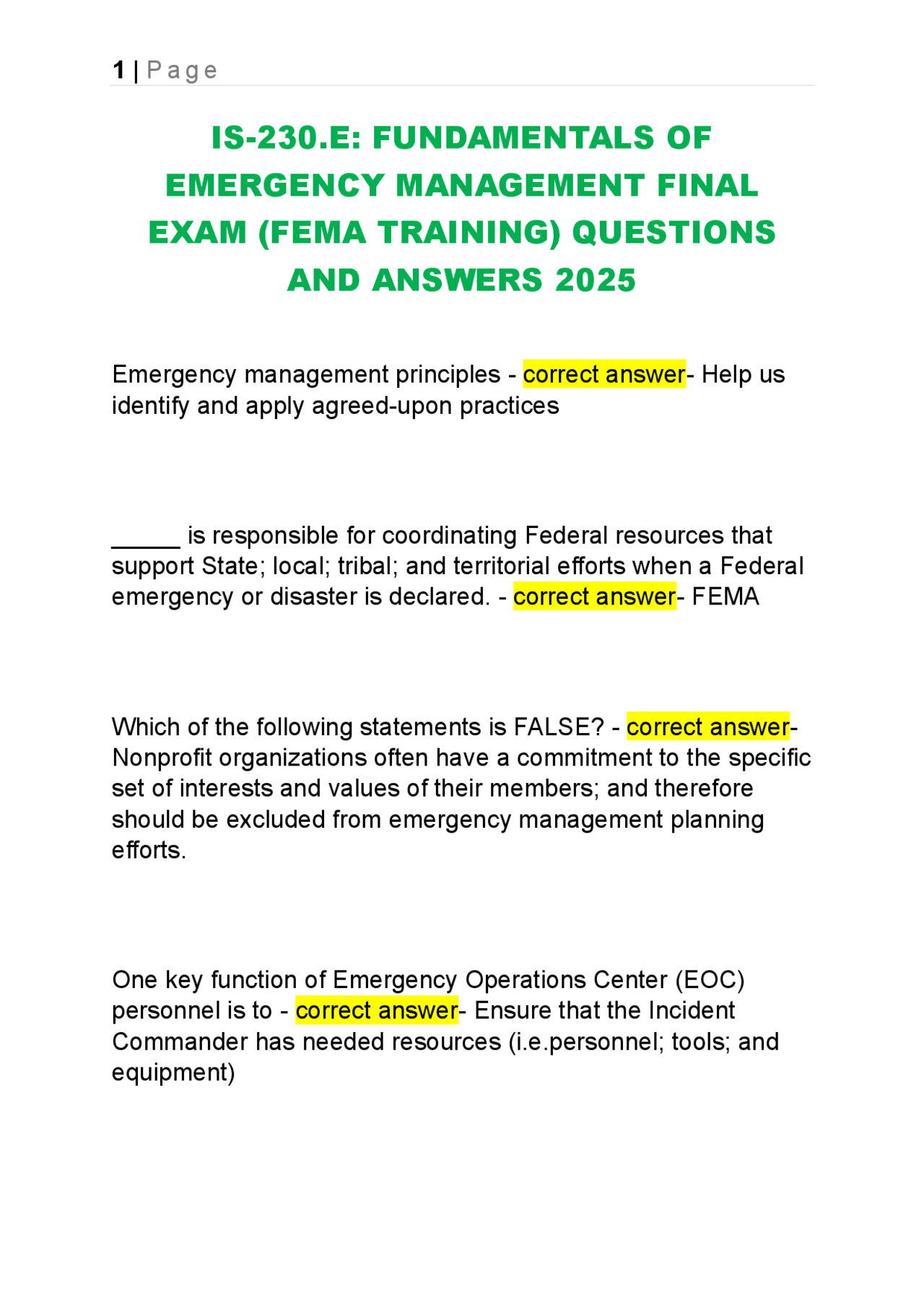 IS-230.E: FUNDAMENTALS OF EMERGENCY MANAGEMENT FINAL EXAM (FEMA ...