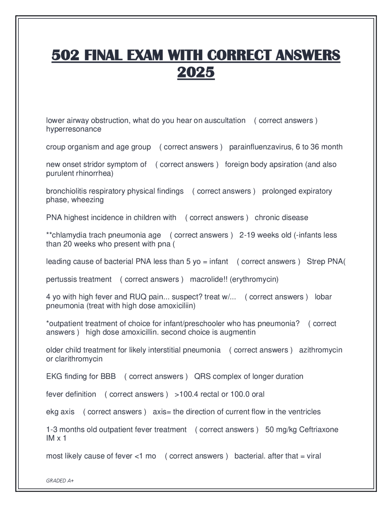 502 FINAL EXAM WITH CORRECT ANSWERS 2025 | Exams Nursing | Docsity