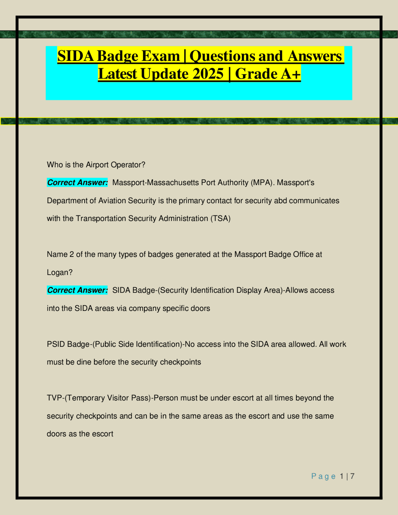 SIDA Badge Exam - Questions and Answers Latest | Exams Nursing | Docsity
