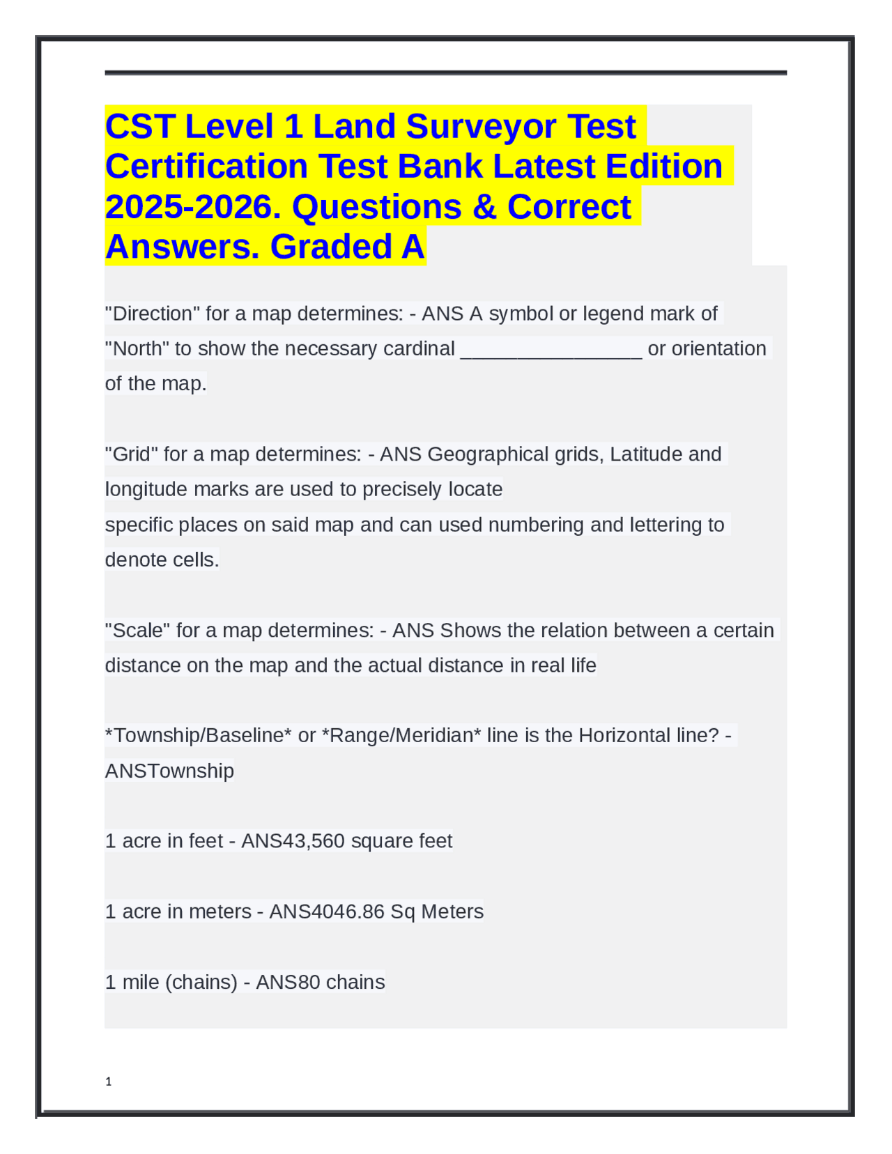 CST Level 1 Land Surveyor Test Certification Test Bank Latest Edition ...