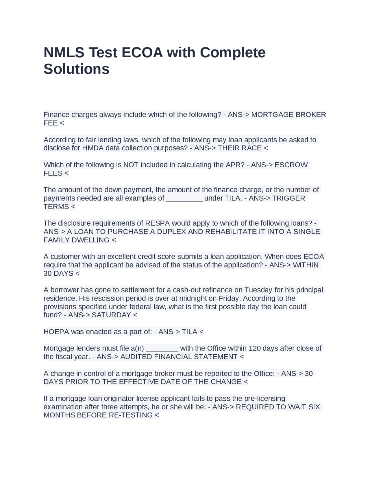 NMLS Test ECOA with Complete Solutions | Exams Advanced Education | Docsity