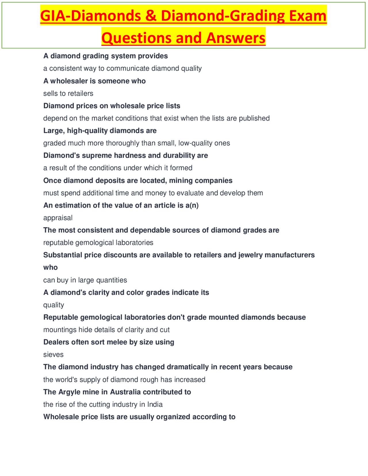 GIA-Diamonds & Diamond-Grading Exam Questions and Answers.pdf D | Exams ...