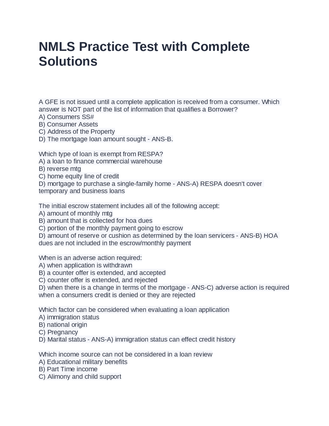 NMLS Practice Test with Complete Solutions | Exams Advanced Education ...