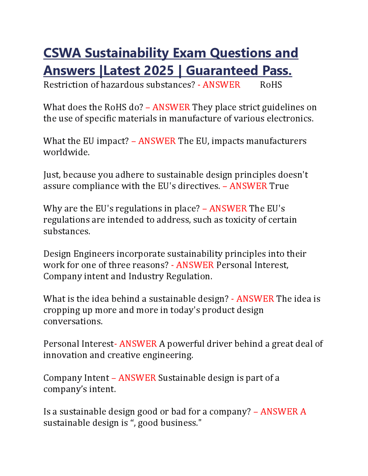 CSWA Sustainability Exam Questions and Answers |Latest 2025 ...