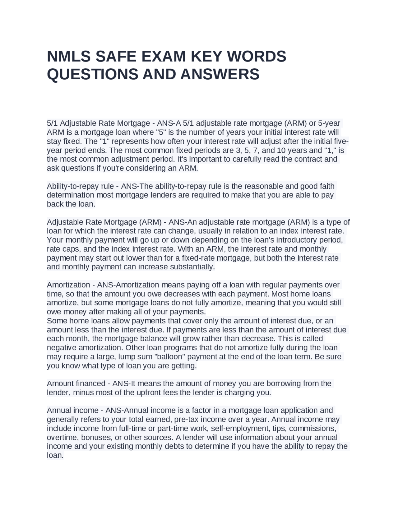 NMLS SAFE EXAM KEY WORDS QUESTIONS AND ANSWERS | Exams Advanced ...