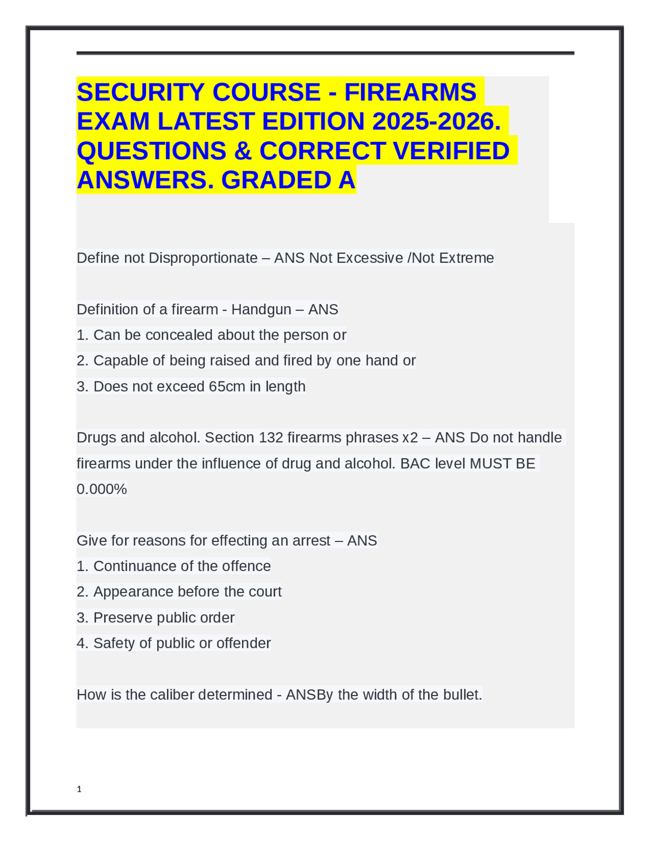 SECURITY COURSE - FIREARMS EXAM LATEST EDITION 2025-2026. QUESTIONS ...