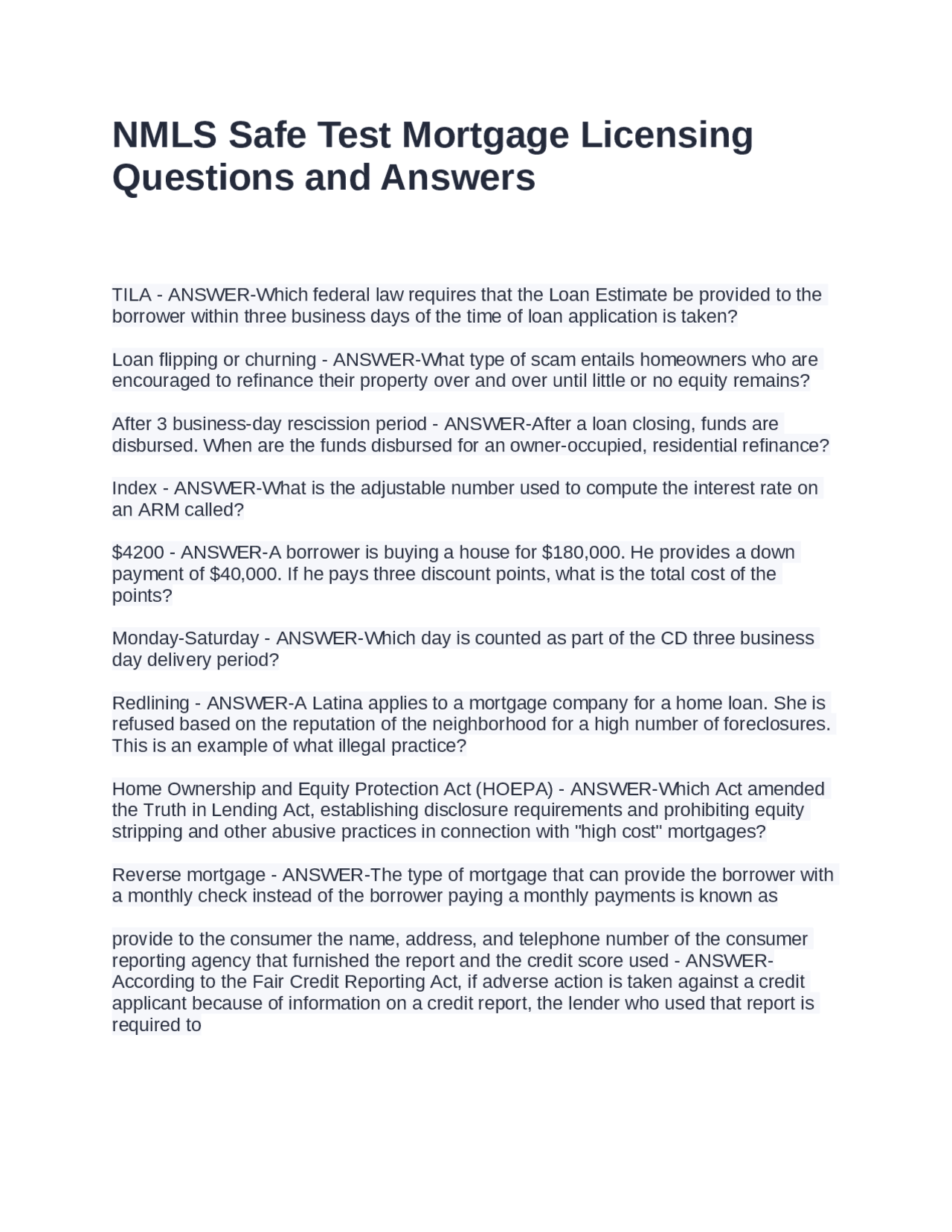 NMLS Safe Test Mortgage Licensing Questions and Answers | Exams ...