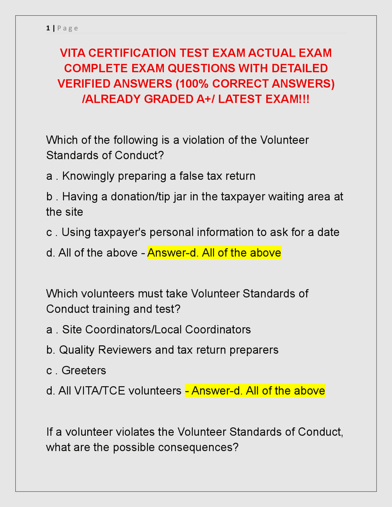 VITA CERTIFICATION TEST EXAM ACTUAL EXAM COMPLETE EXAM QUESTIONS WITH ...