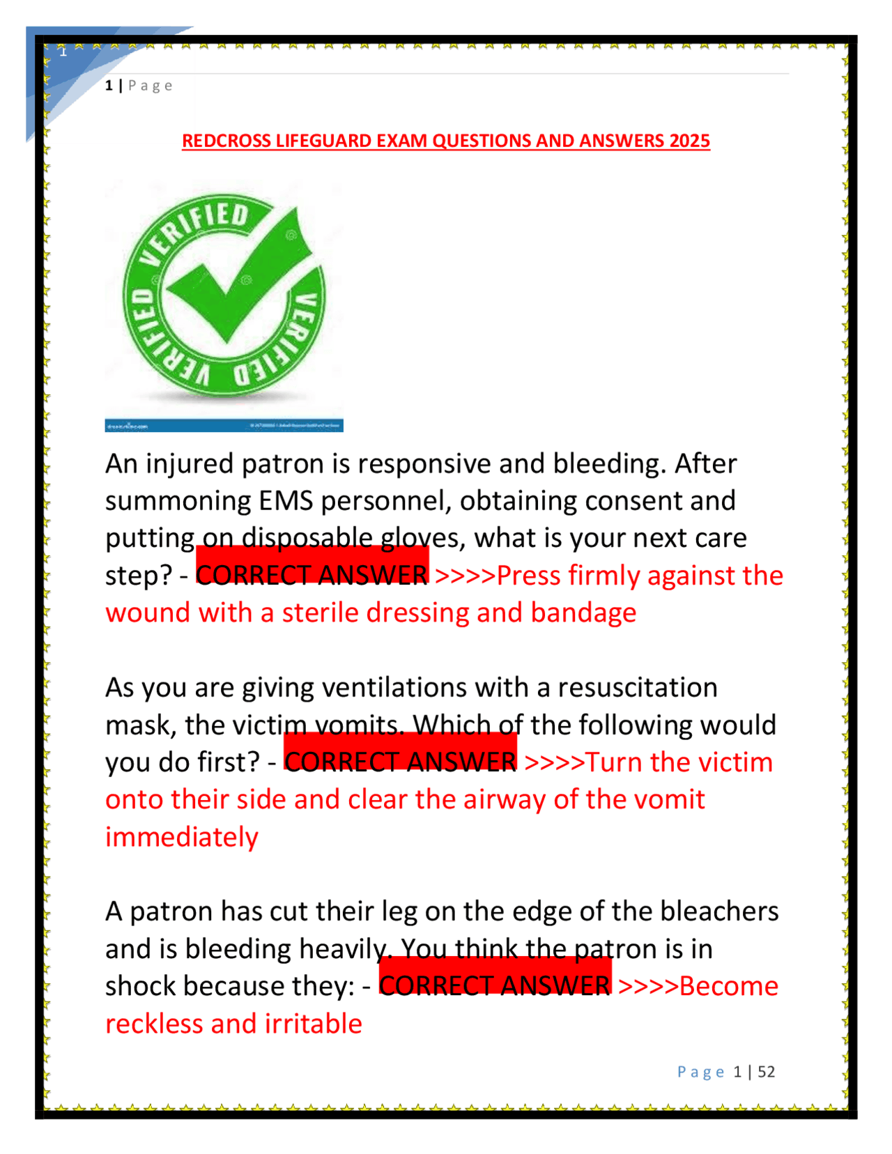 REDCROSS LIFEGUARD EXAM QUESTIONS AND ANSWERS 2025.pdf D | Exams ...