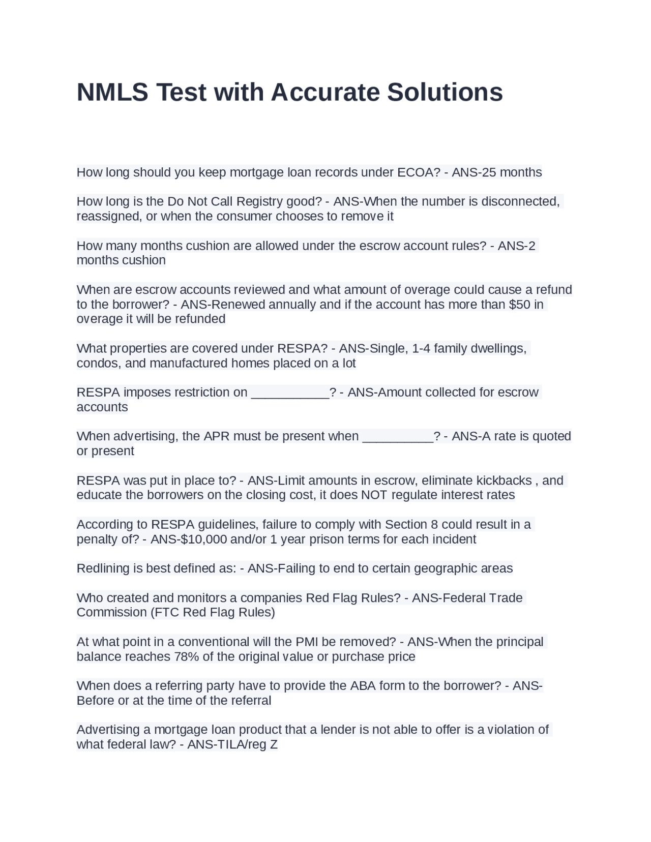 NMLS Test with Accurate Solutions | Exams Advanced Education | Docsity