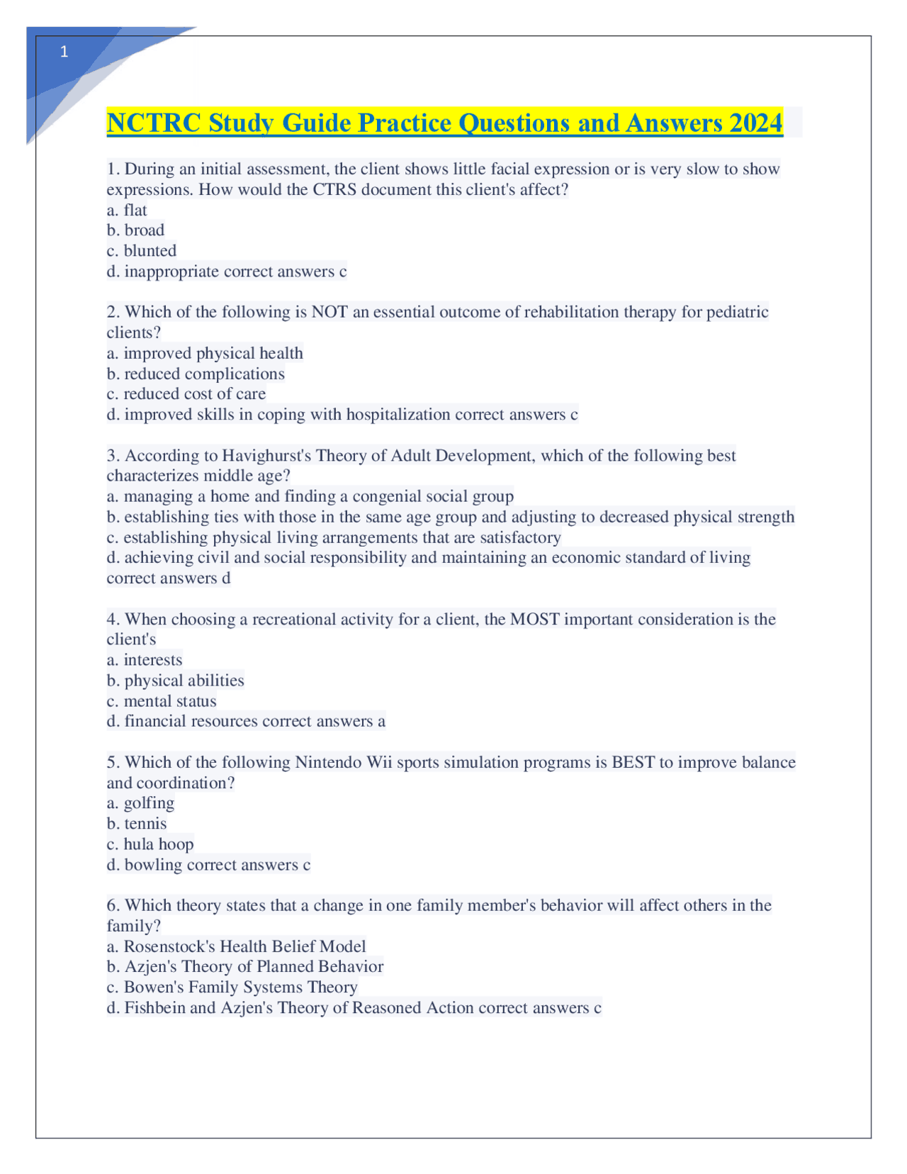 NCTRC Study Guide Practice Questions and Answers | Exams Nursing | Docsity