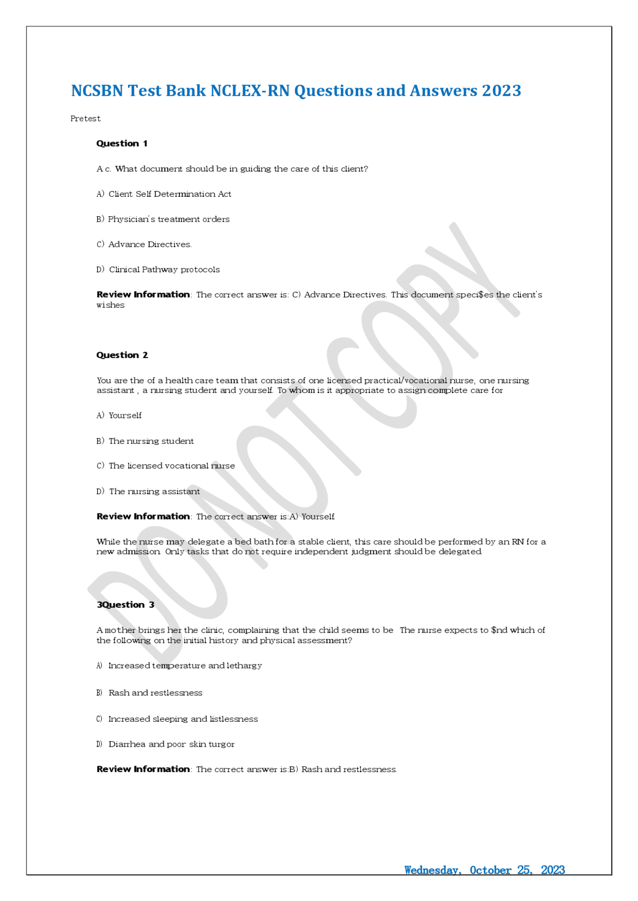 NCSBN Test Bank NCLEX-RN Questions and Answers | Exams Nursing | Docsity