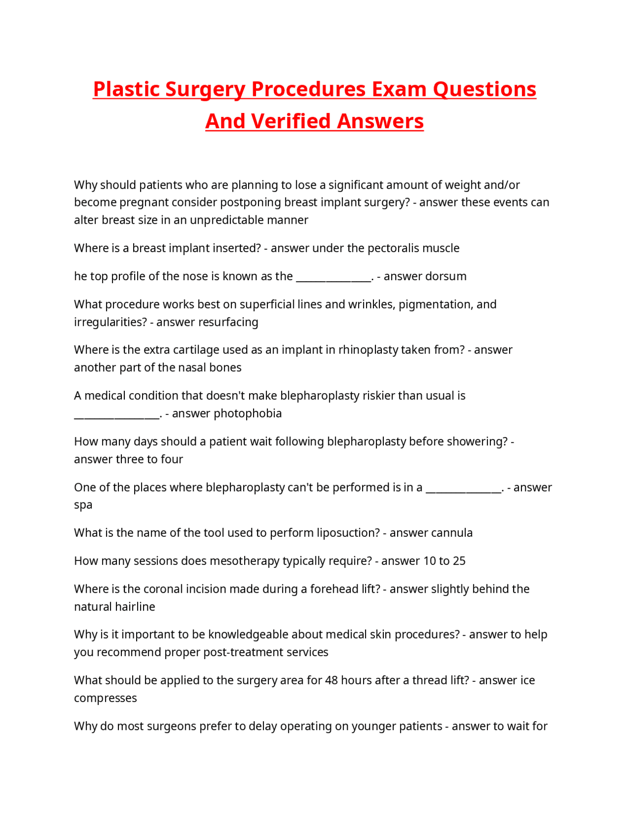 Plastic Surgery Procedures Exam Questions And Verified Answers. | Exams ...