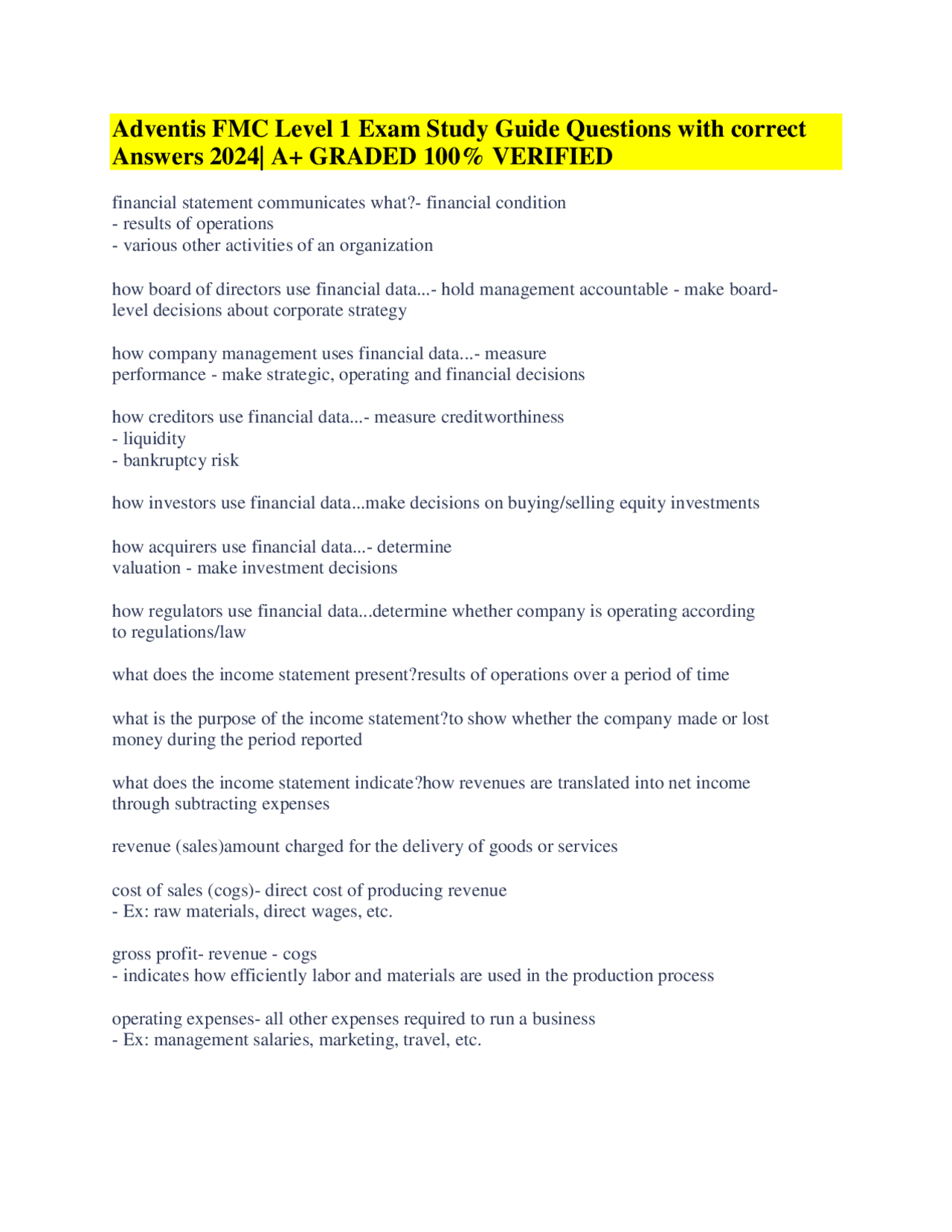 Adventis FMC Level 1 Exam Study Guide Questions with correct Answers 2024| A+ GRADED 100% ...