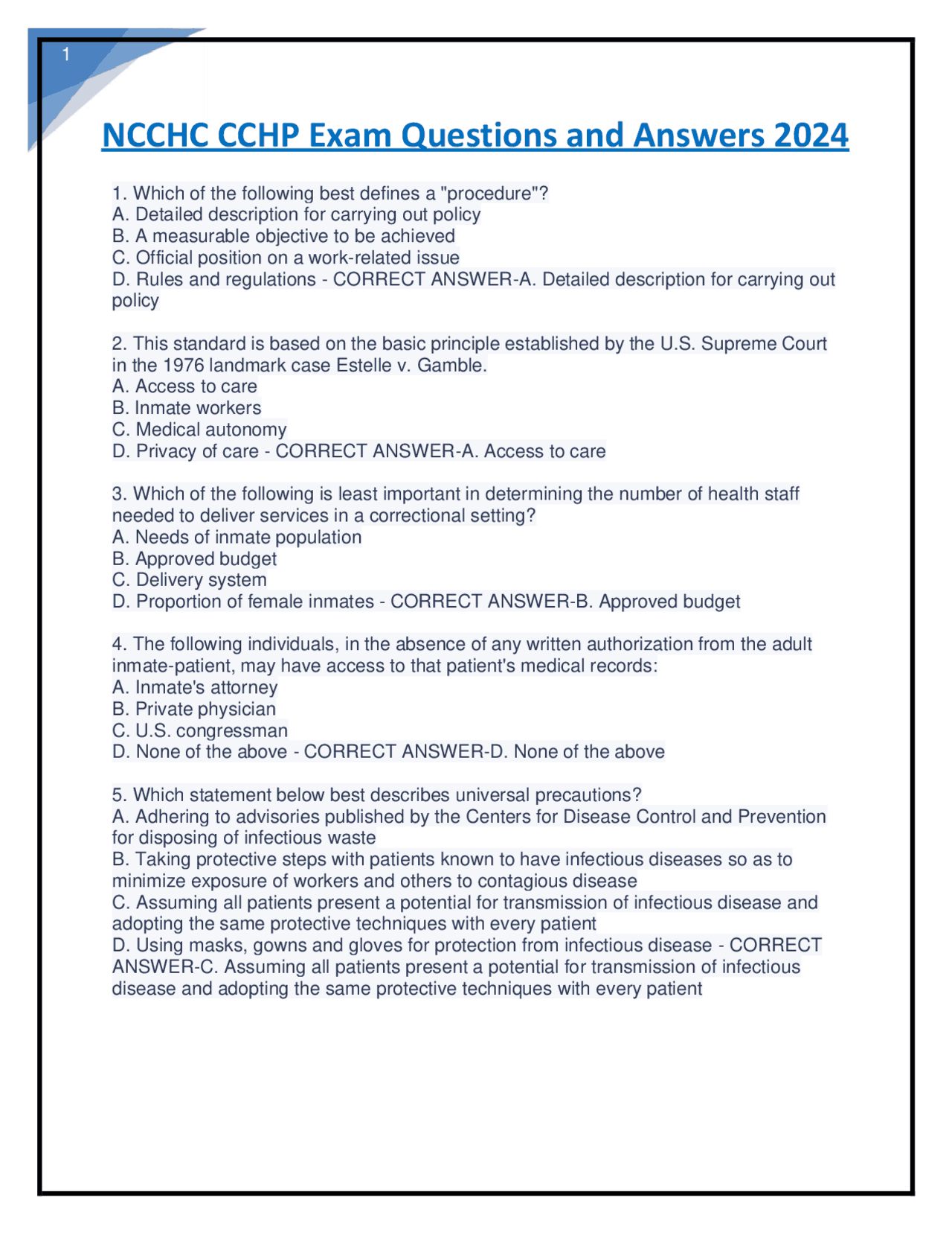 NCCHC CCHP Exam Questions and Answers | Exams Nursing | Docsity