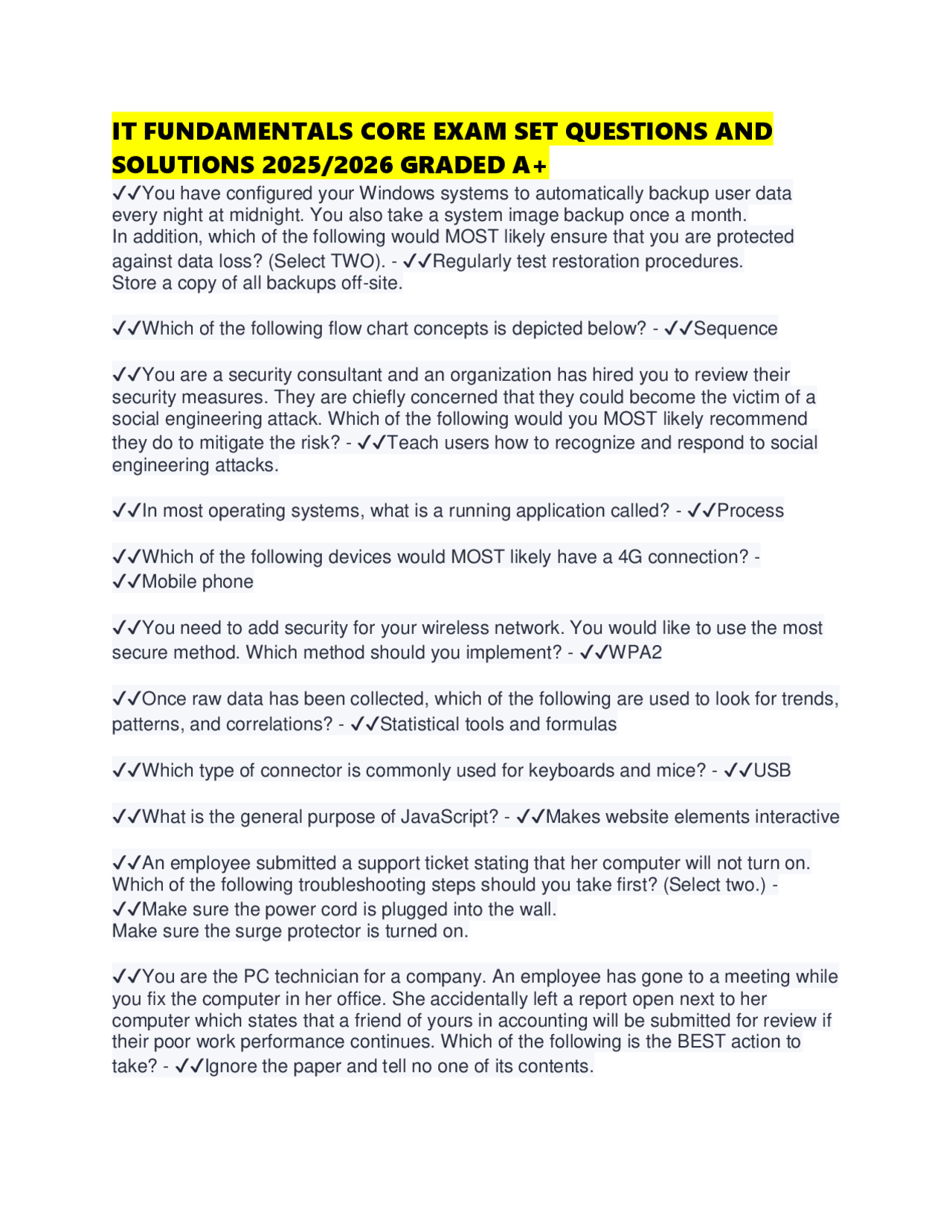 IT FUNDAMENTALS CORE EXAM SET QUESTIONS AND SOLUTIONS 2025/2026 GRADED A+ | Exams Information ...