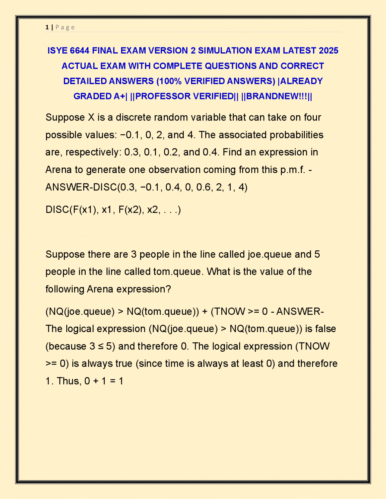 ISYE 6644 FINAL EXAM VERSION 2 SIMULATION EXAM LATEST 2025 ACTUAL EXAM ...