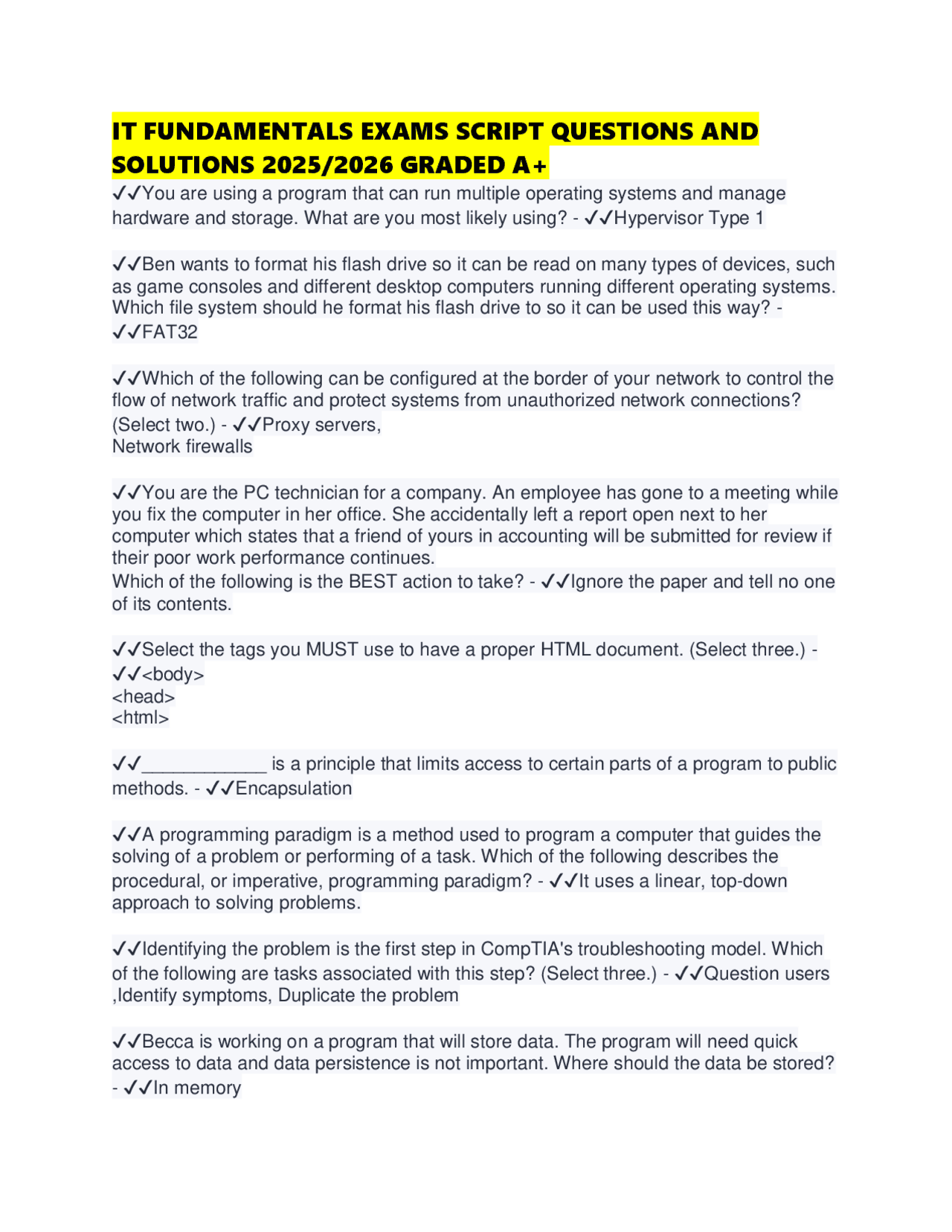 IT FUNDAMENTALS EXAMS SCRIPT QUESTIONS AND SOLUTIONS 2025/2026 GRADED A+ | Exams Information and ...