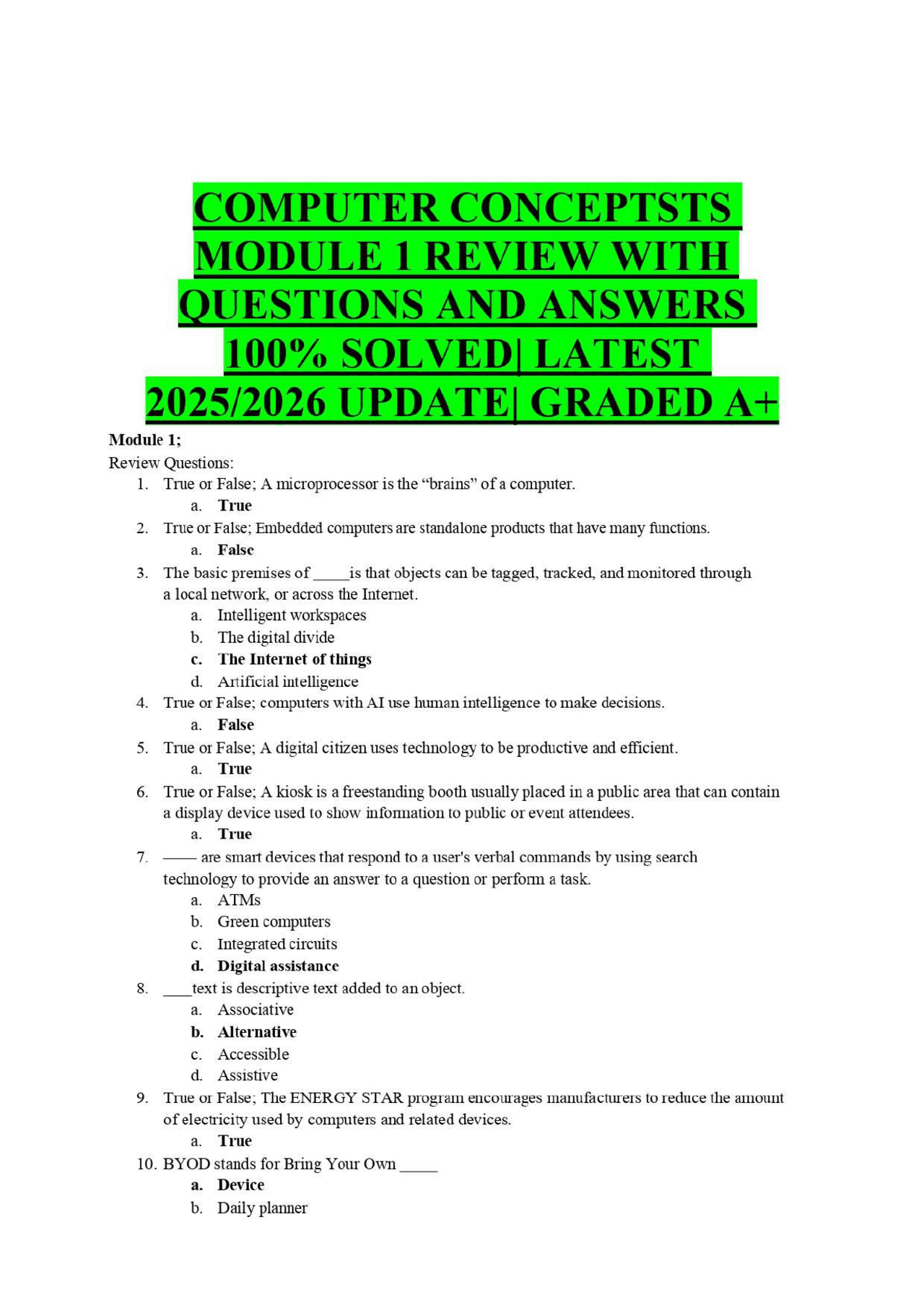 COMPUTER CONCEPTSTS MODULE 1 REVIEW WITH QUESTIONS AND ANSWERS 100% ...
