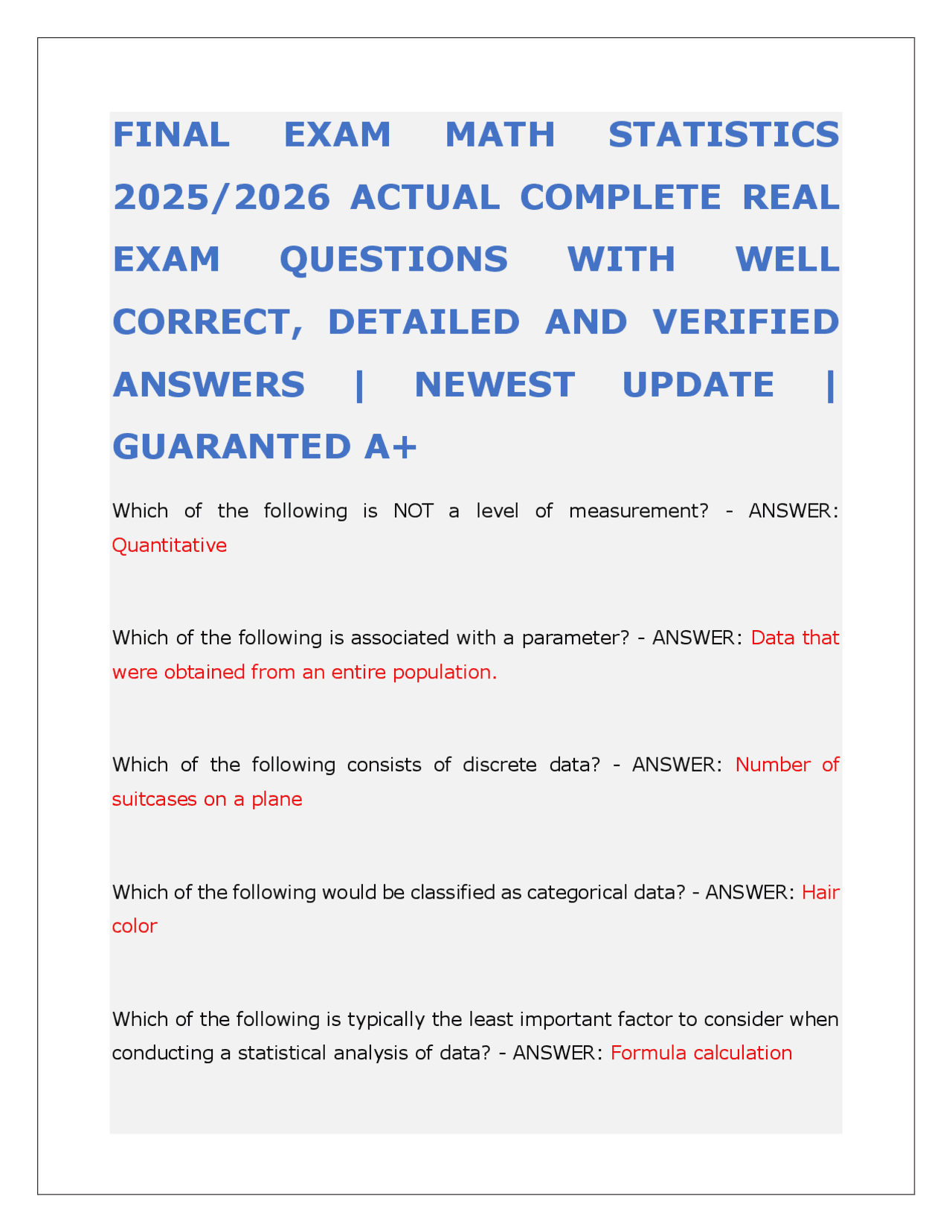 FINAL EXAM MATH STATISTICS 2025/2026 ACTUAL COMPLETE REAL EXAM QUESTIONS & VERIFIED ANSWER ...