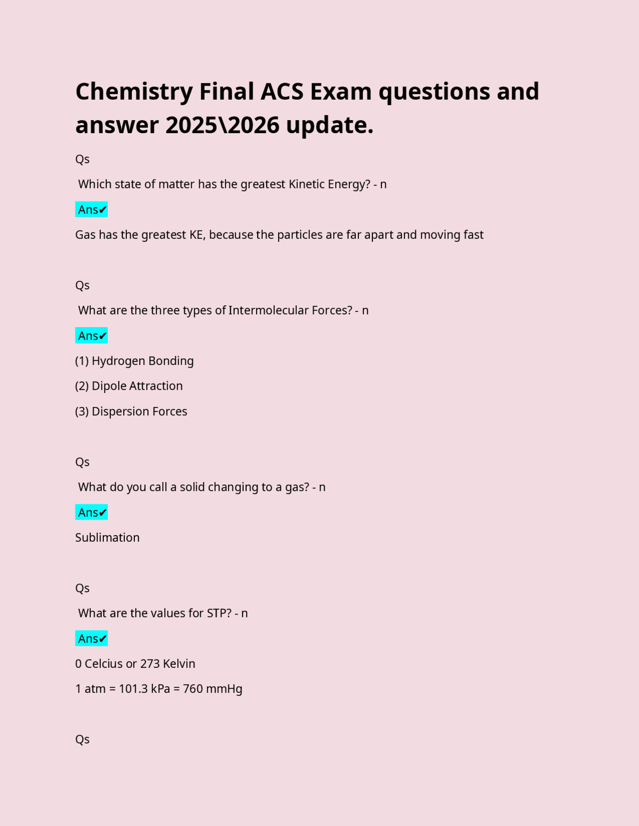 Chemistry Final ACS Exam questions and answer 2025\2026 update. Qs ...
