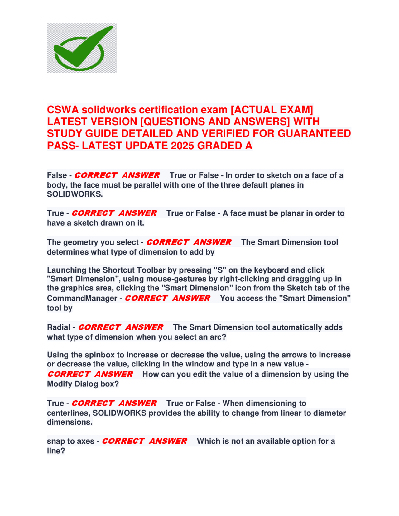 CSWA solidworks certification exam [ACTUAL EXAM] LATEST VERSION ...