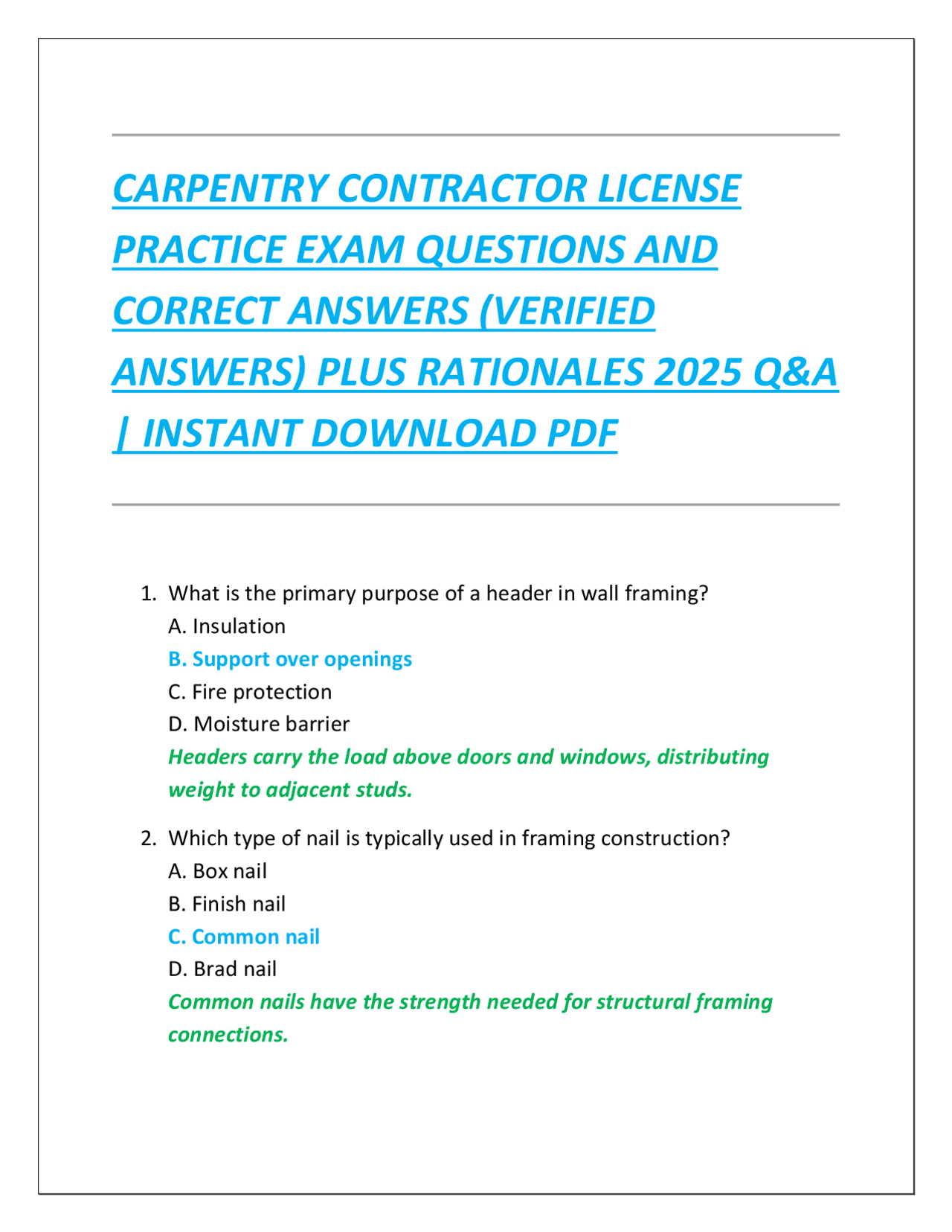 Carpentry Contractor License Exam Q&A: Residential Framing Practice ...