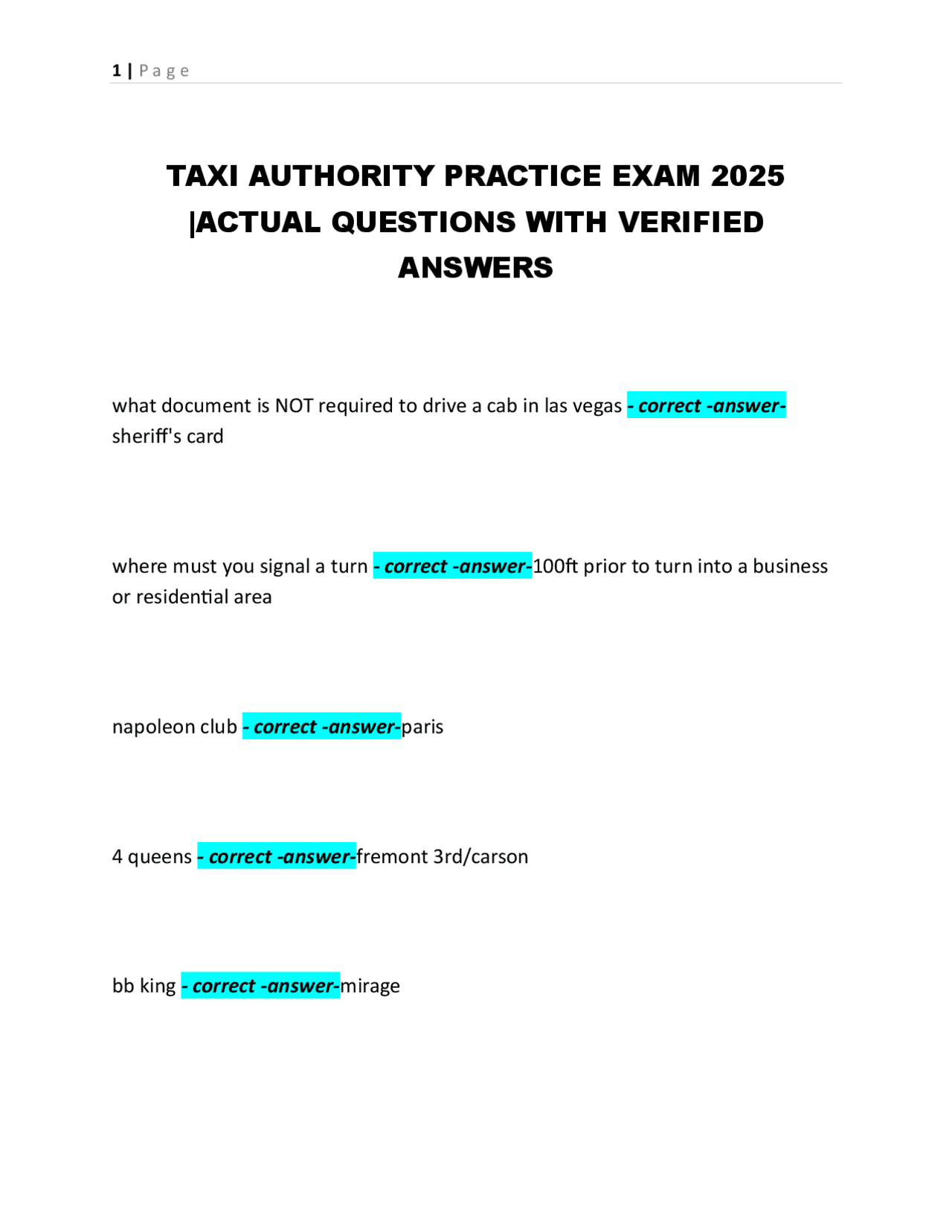 TAXI AUTHORITY PRACTICE EXAM 2025 |ACTUAL QUESTIONS WITH VERIFIED ...