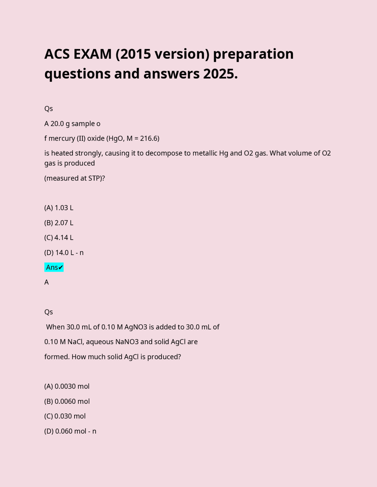 ACS EXAM (2015 version) preparation questions and answers 2025. Qs A 20 ...