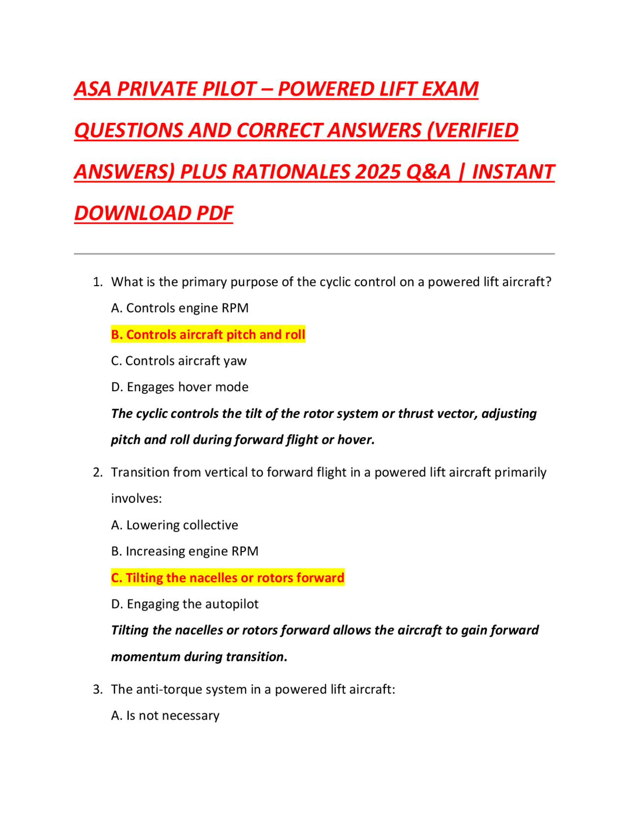 ASA PRIVATE PILOT – POWERED LIFT EXAM QUESTIONS AND CORRECT ANSWERS ...