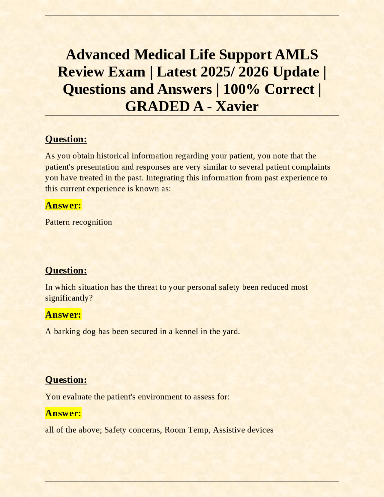 Advanced Medical Life Support AMLS Review Exam Latest 2025 2026 Update ...